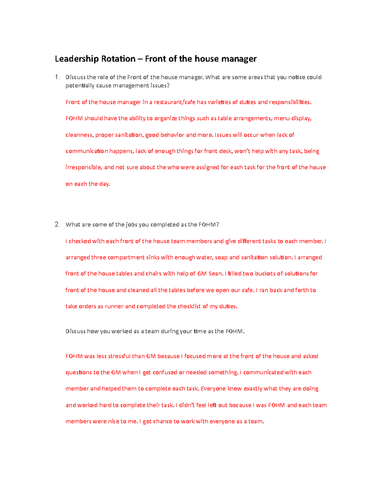 Leadership Rotation experience- Front of the house manager - Leadership ...