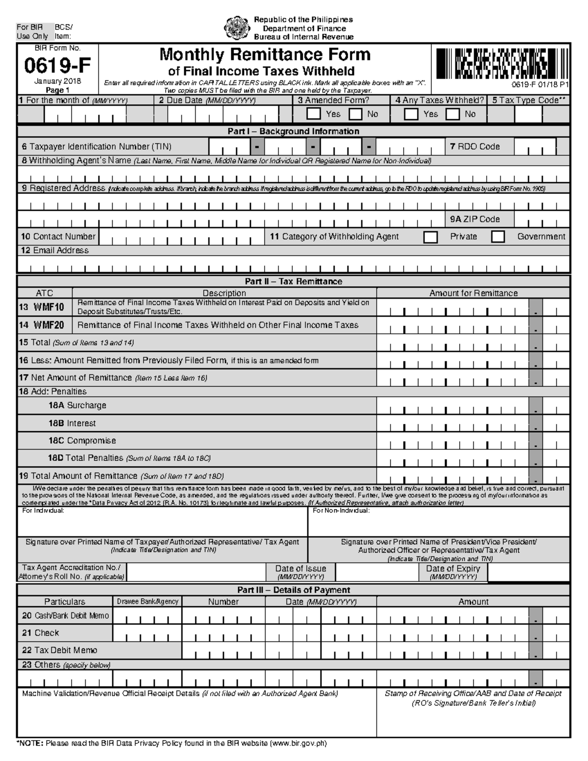 0619-F Jan 2018 rev final - BIR Form No. 0619-F January 2018 Page 1 ...