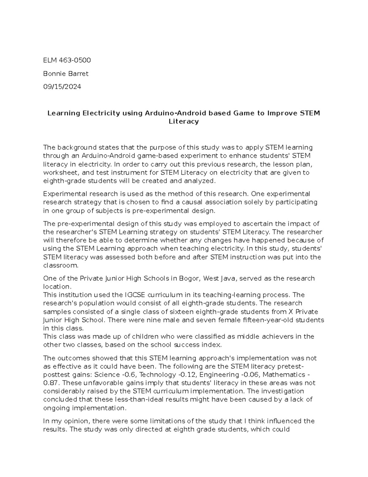 ELM 463 Analysis of a Technology Integration Case Study - ELM 463- Bonnie Barret 09/15/ Learning ...