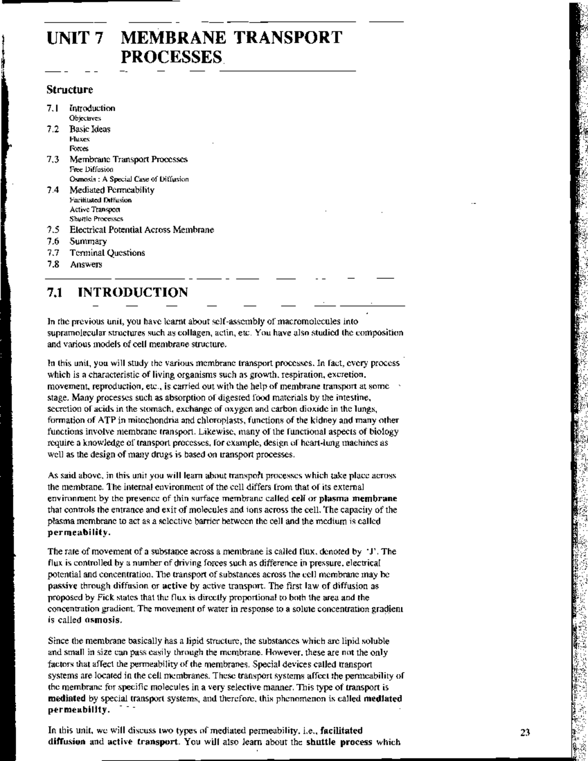 Unit-7 cell membranes and enzymes - UNIT 7 MEMBRANE TRANSPORT PROCESSES Structure 7 Introduction ...