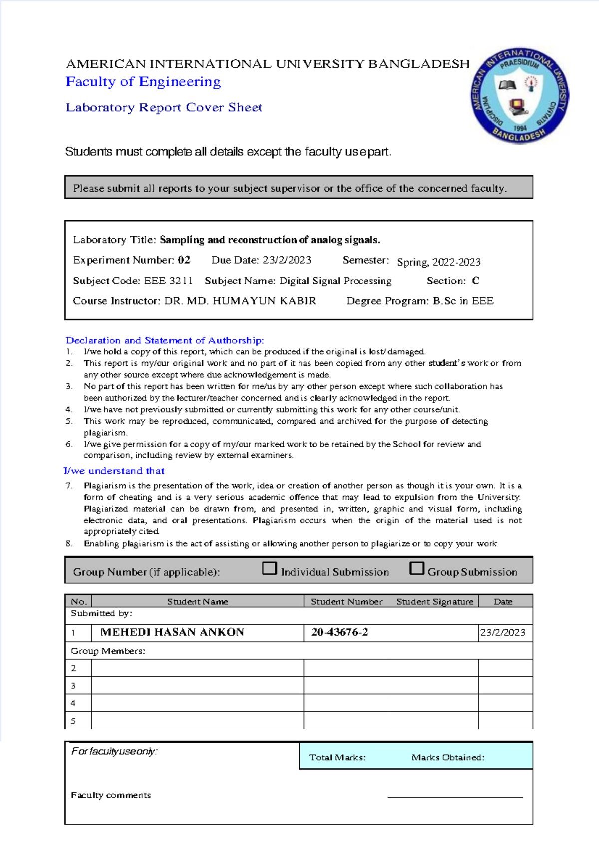 DSP Lab 2 Mehedi Hasan Ankon - AMERICAN INTERNATIONAL UNIVERSITY ...
