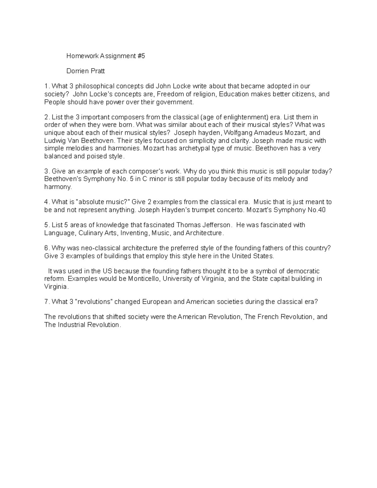 HUM HW 5 - Homework 5 questions - Homework Assignment # Dorrien Pratt ...