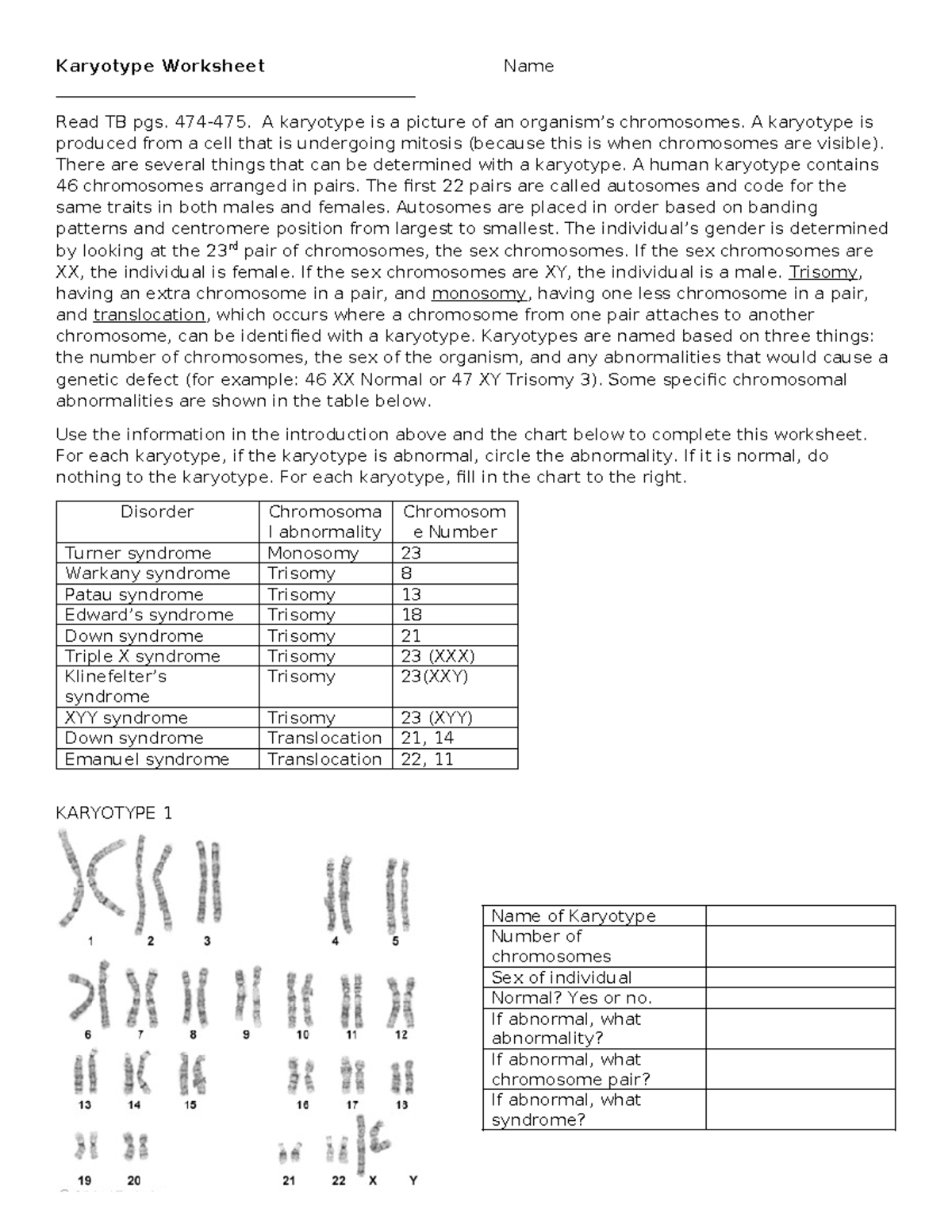 Karotype evaluation practice - Karyotype Worksheet Name Read TB pgs ...