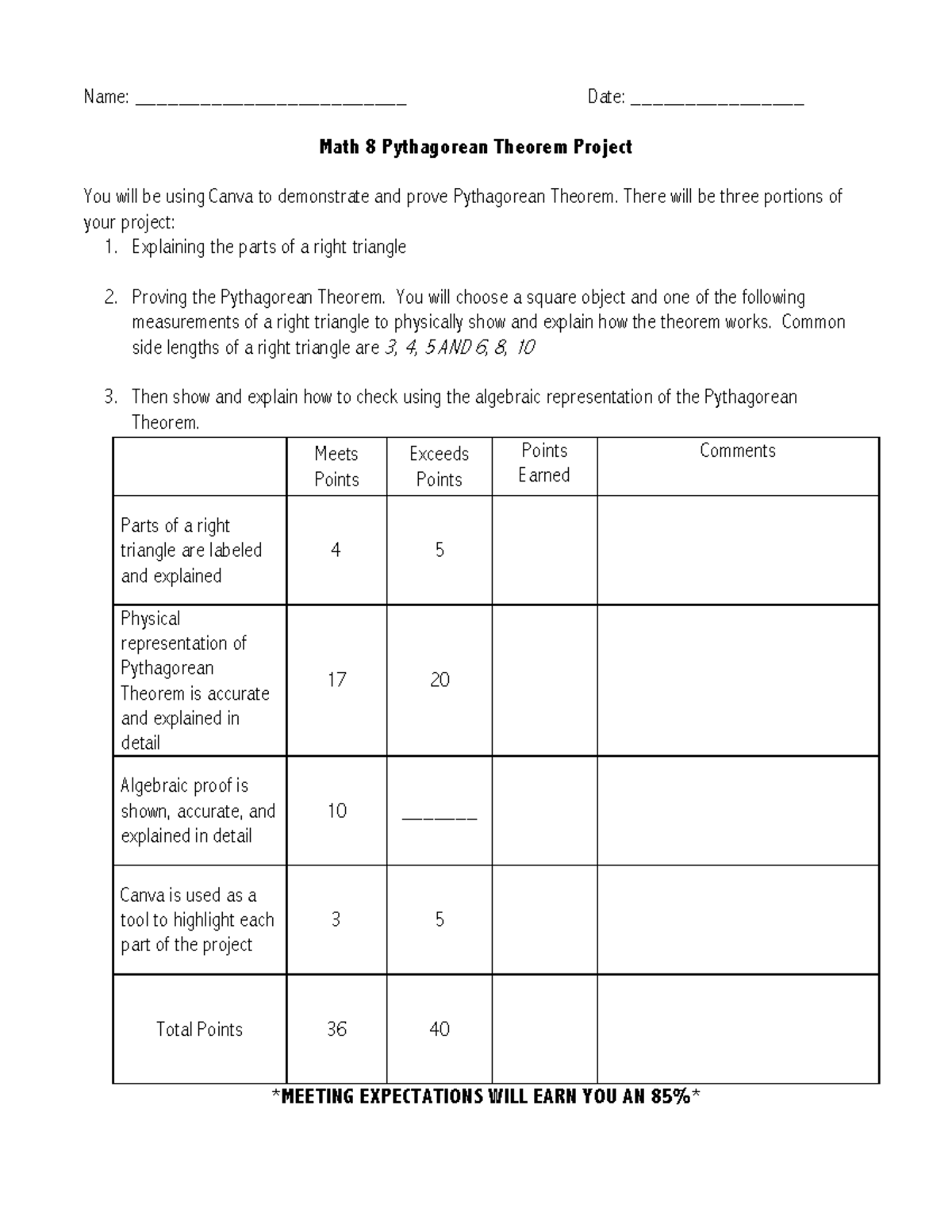 Haynes Deegan - Pythagorean Theorem Project Rubric - Name ...