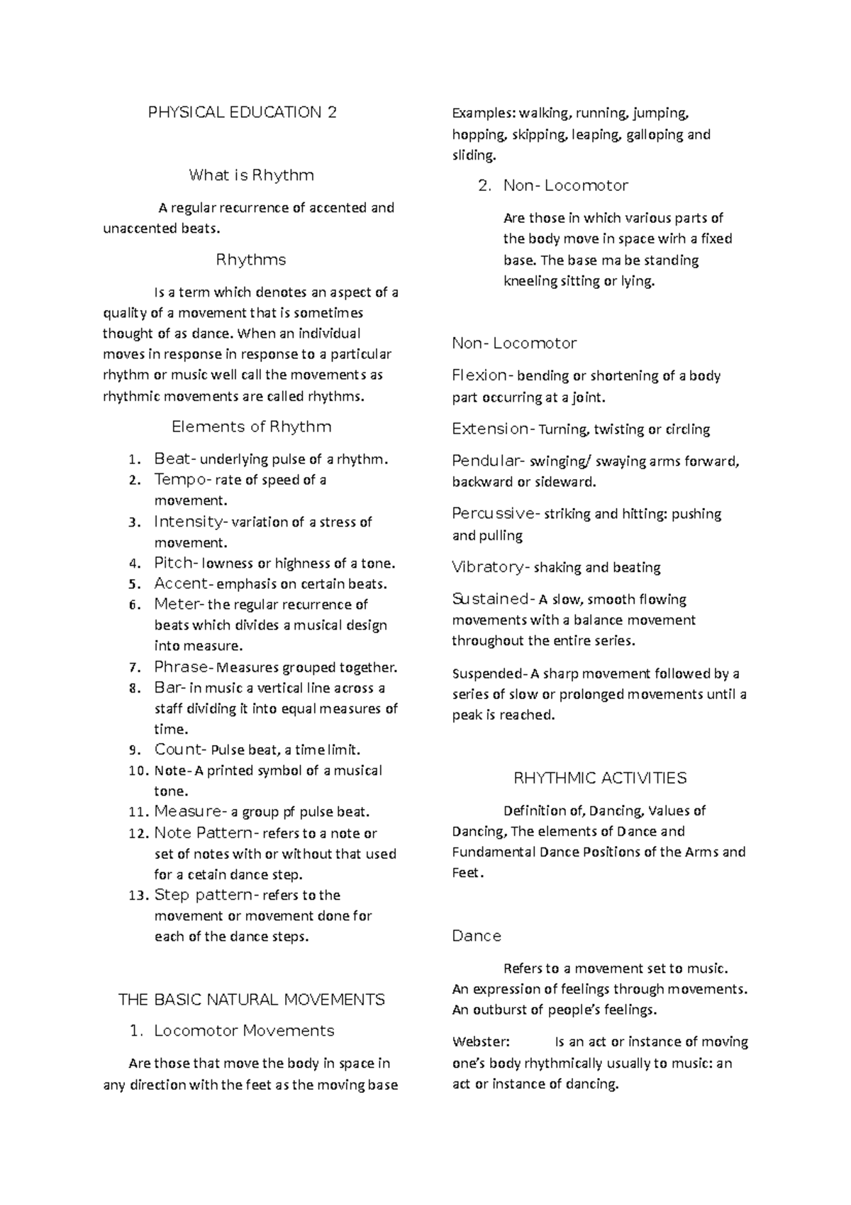Physical- Education - Reviewer - PHYSICAL EDUCATION 2 What is Rhythm A ...