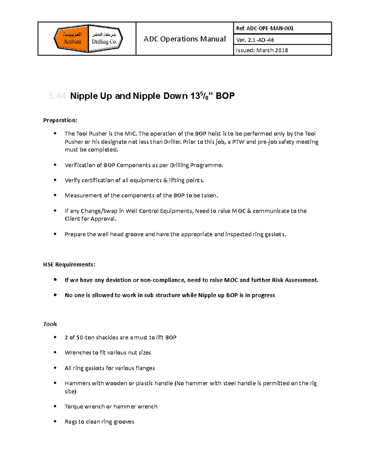 5.44 Nipple Up 13 5-8 BOP Procedure - ADC Operations Manual Ref. ADC‐OPE‐MAN‐ Ver. 2‐AD‐ Issued ...
