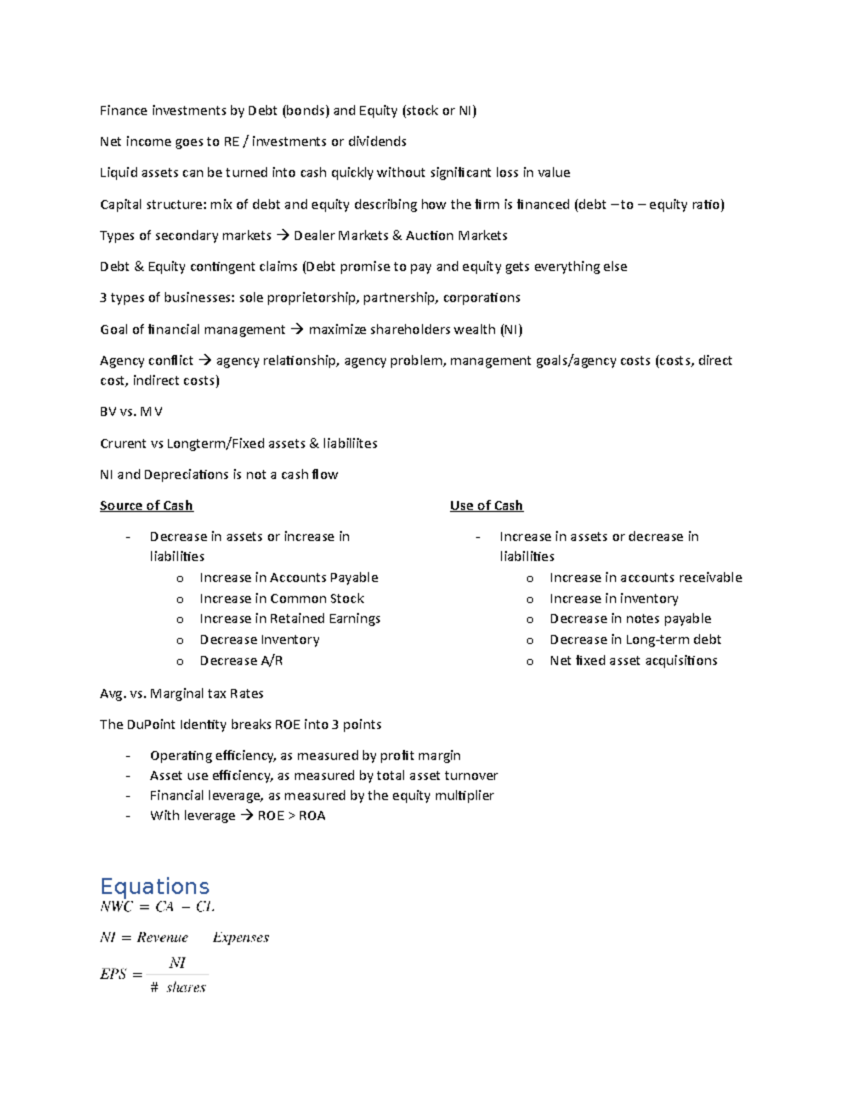 Equations sheet exam 1 - Finance investments by Debt (bonds) and Equity ...