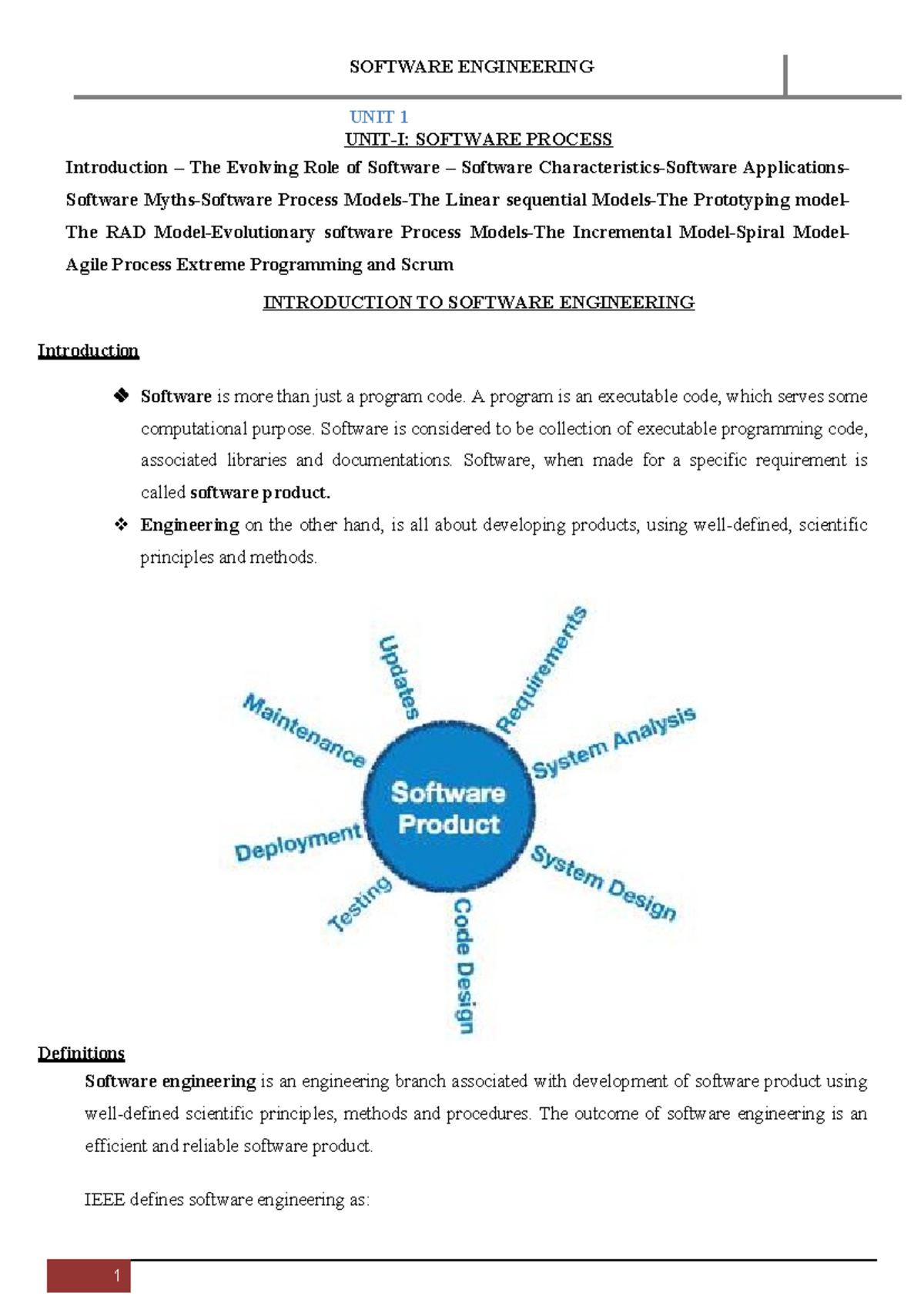 SE-UNIT1- Iiibca - DVGDB - UNIT-I: SOFTWARE PROCESS Introduction – The Evolving Role of Software ...