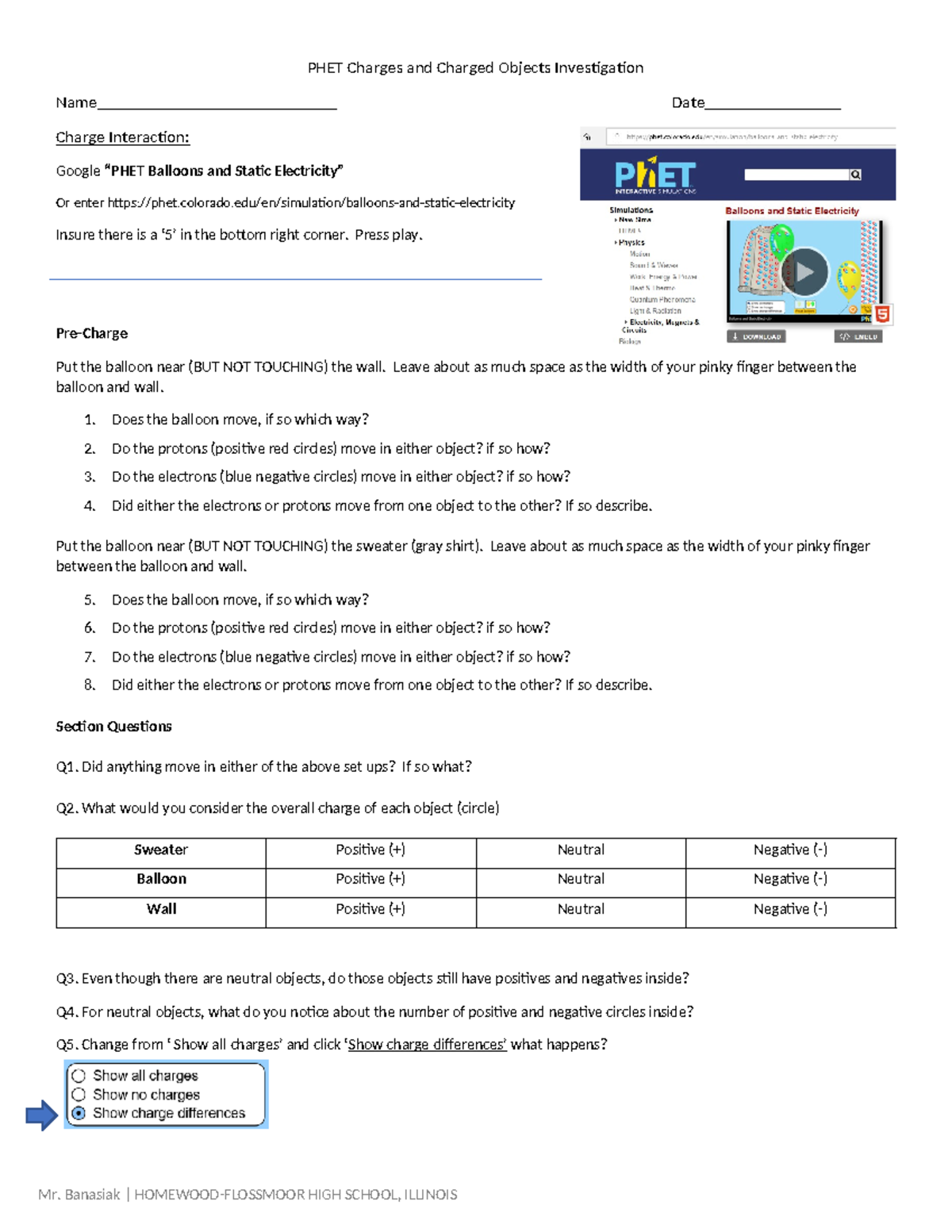 PHET Charging and Charged Object Investigation - PHET Charges and ...