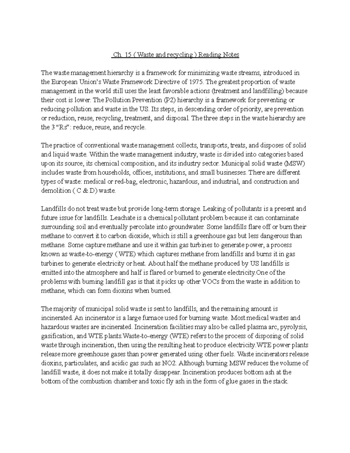 Ch. 15 ( Waste and recycling) Reading Notes - Ch. 15 ( Waste and ...