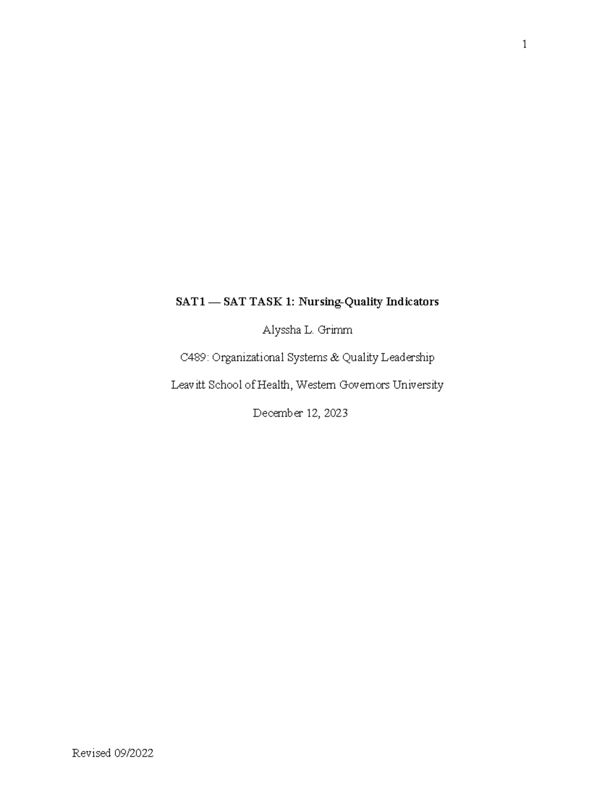 Task One - Nursing Quality assesment. SAT Task 1 - SAT1 — SAT TASK 1 ...