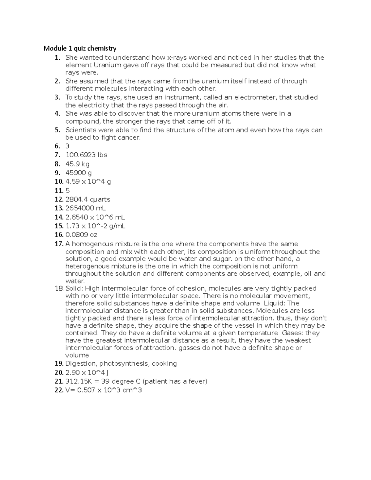 Chemistry Module 1 quiz chemistry - Module 1 quiz chemistry 1. She ...