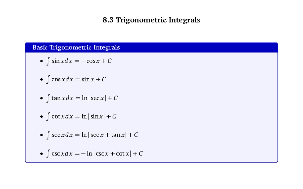 8-3Trig Integrals - 8 Trigonometric Integrals Basic Trigonometric ...