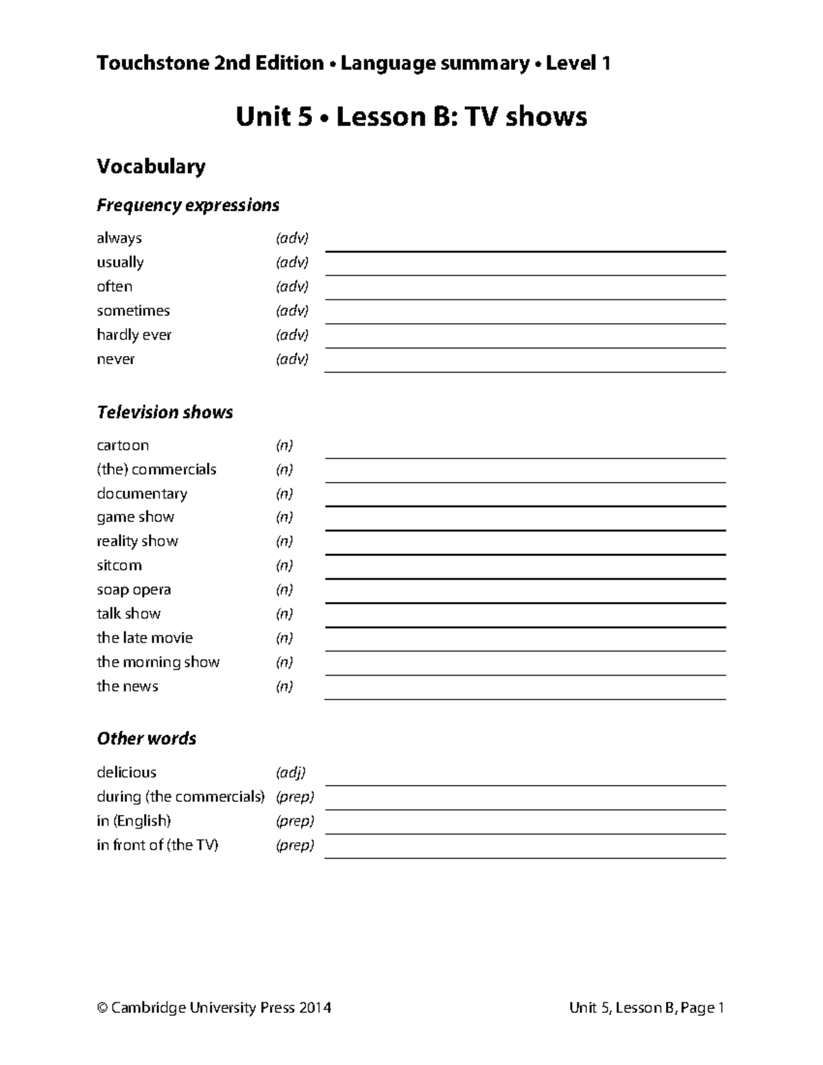 TS2e L1 U5 LB Langsum - Leccion 2 - Touchstone 2nd Edition • Language summary • Level 1 Unit 5 ...