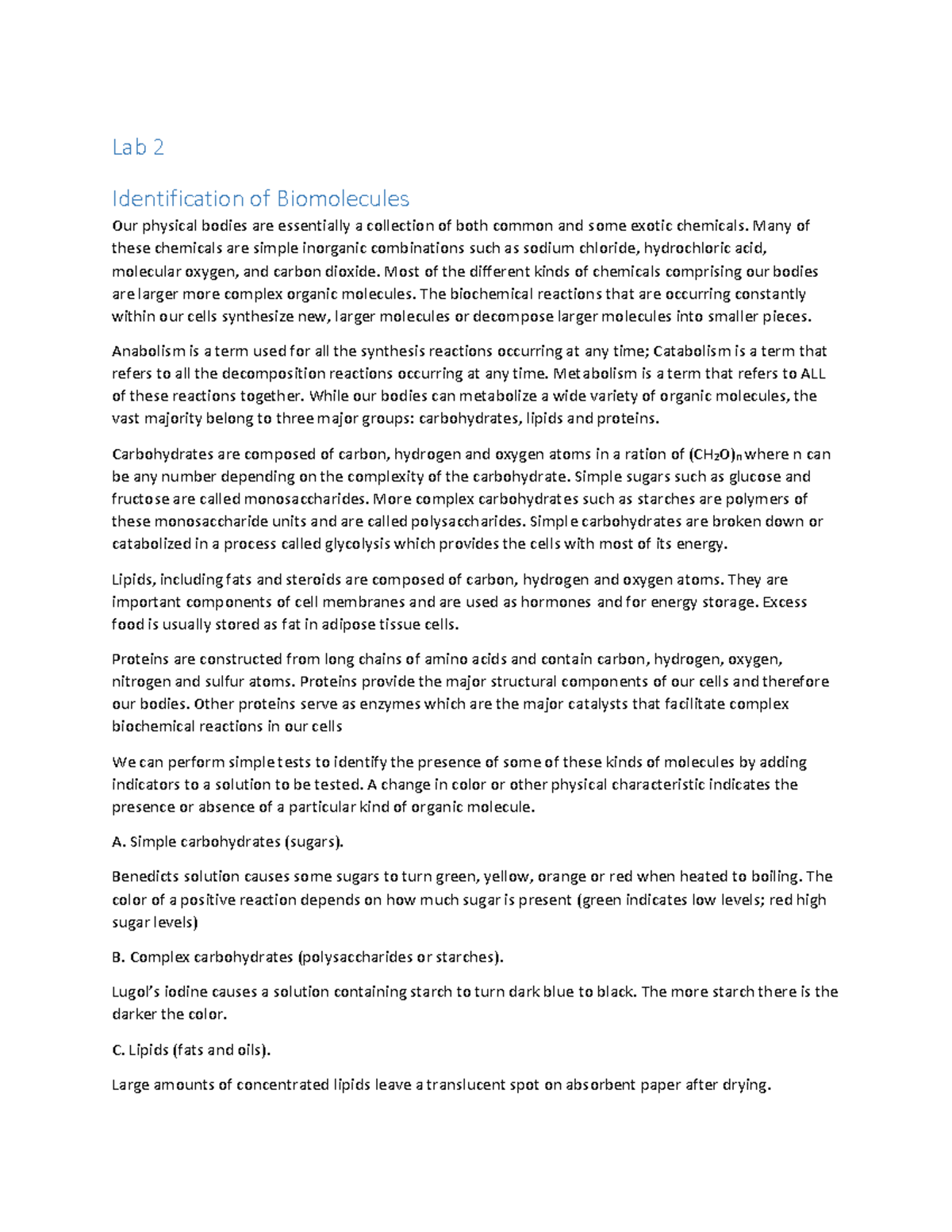 Macromolecules - Lab 2 Identification of Biomolecules Our physical ...