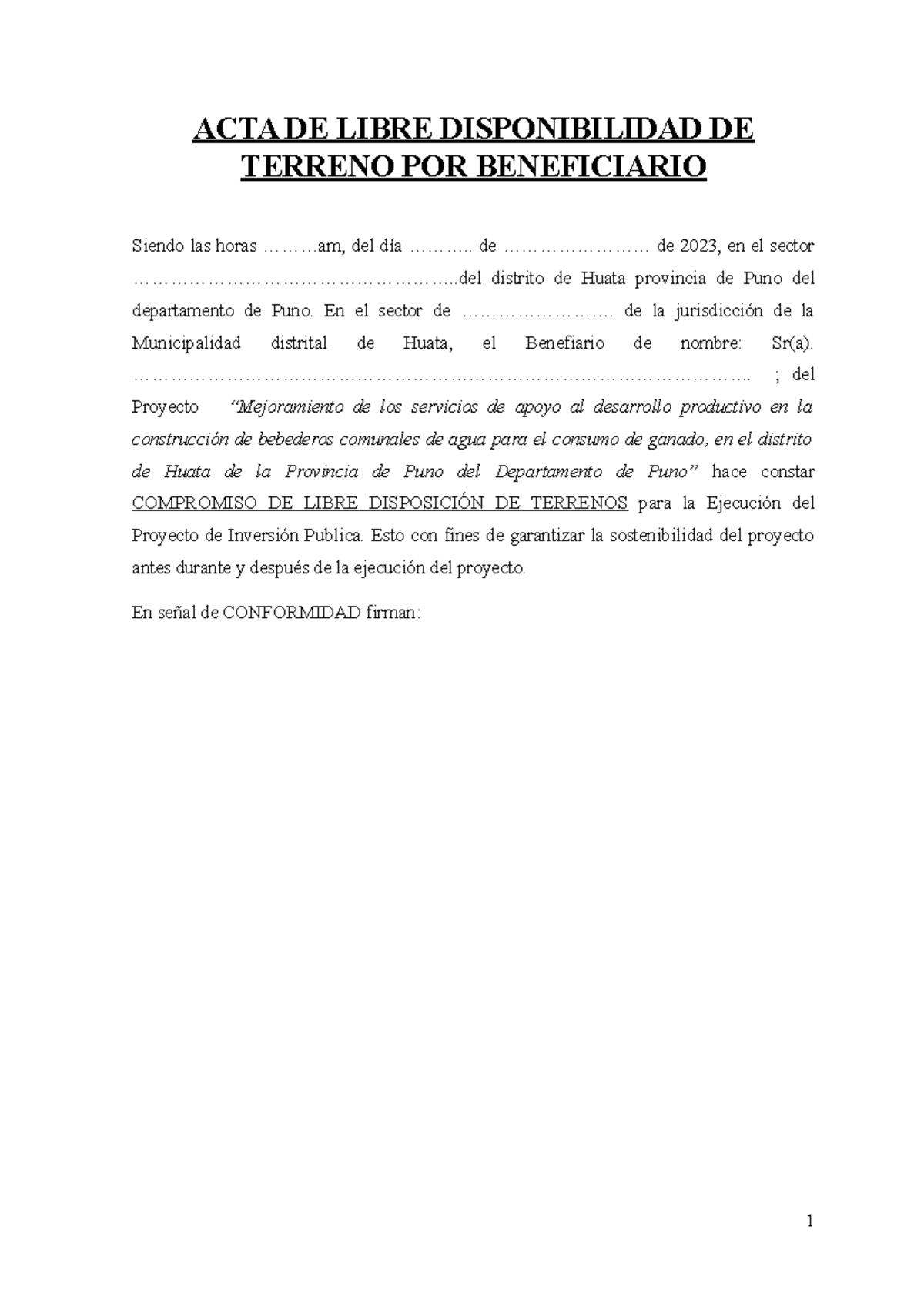 ACTA DE Libre Disponibilidad DE Terreno Rev 0 - ACTA DE LIBRE DISPONIBILIDAD DE TERRENO POR ...
