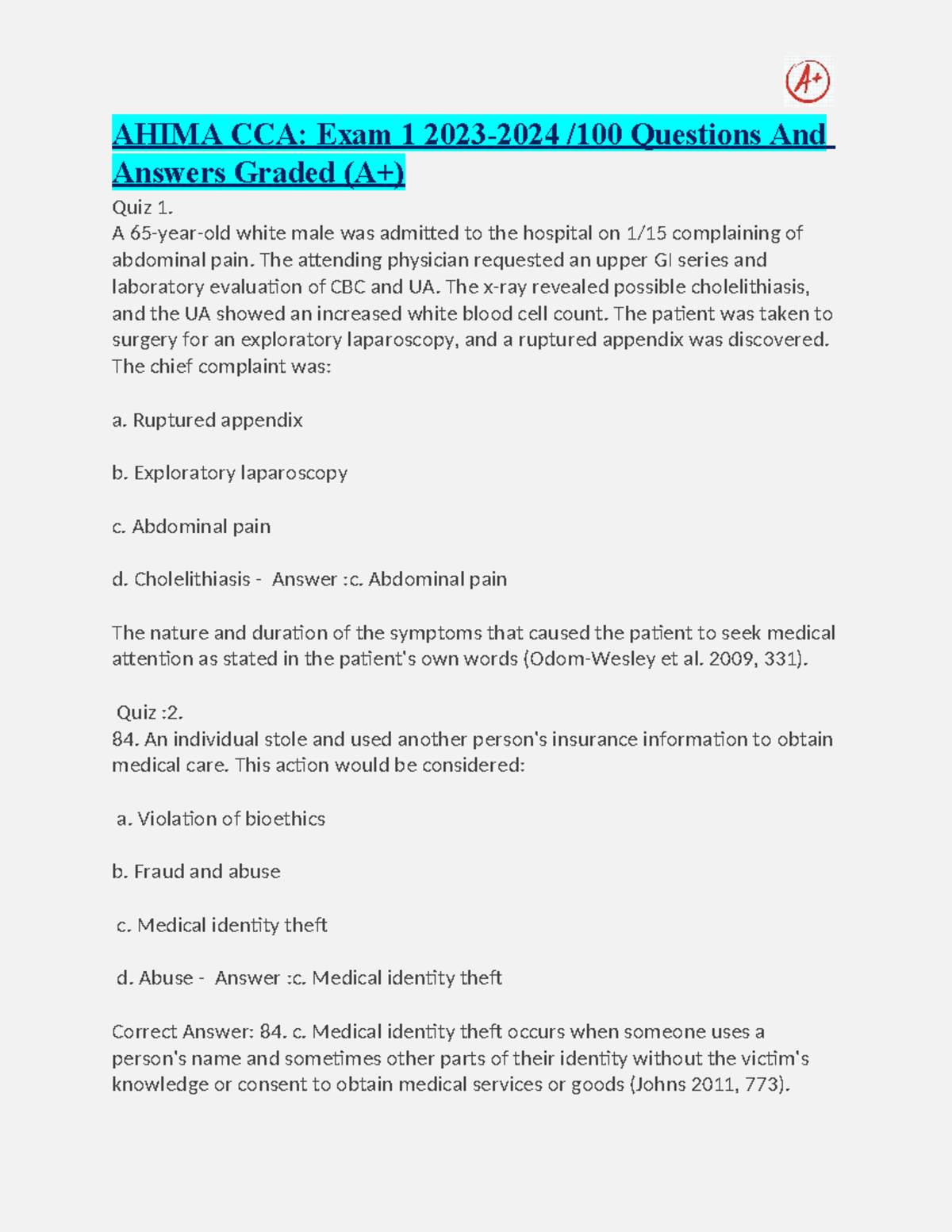 Ahima CCA - AHIMA CCA: Exam 1 2023-2024 /100 Questions And Answers ...