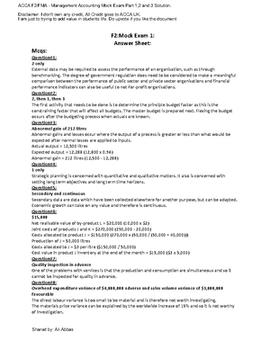 MA Mock - Questions S20-A21 - ACCA MOCK Management Accounting September ...