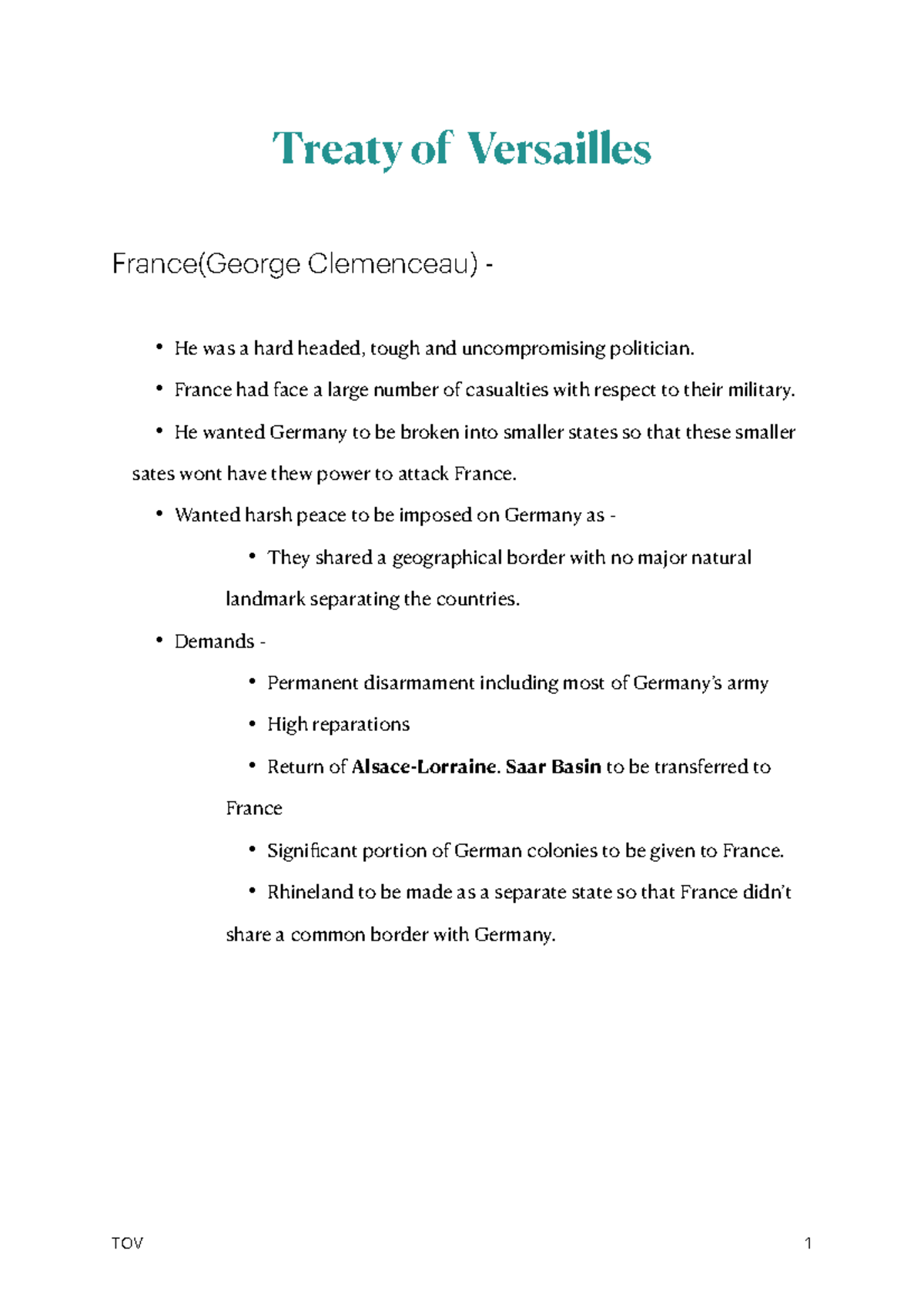 Treaty of Versailles - Notes on TOV - Treaty of Versailles France ...