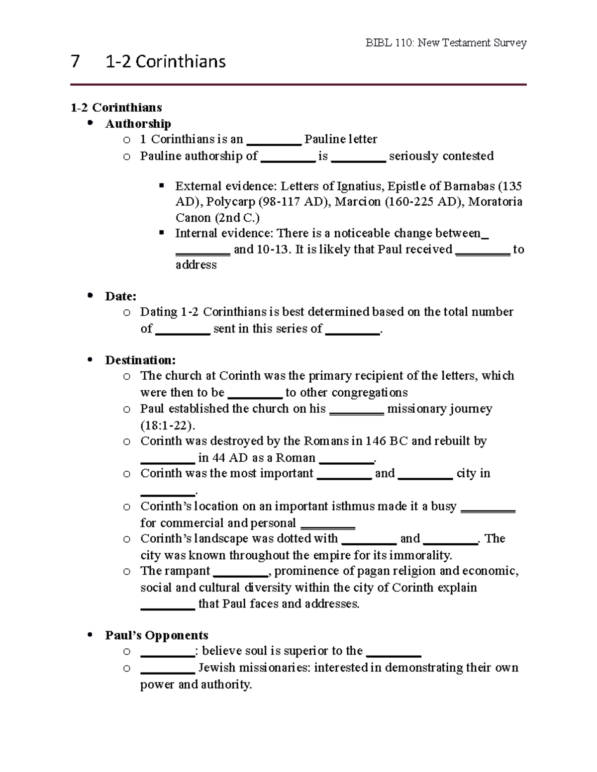7 1-2 Corinthians - notes - BIBL 110: New Testament Survey 7 1-2 ...