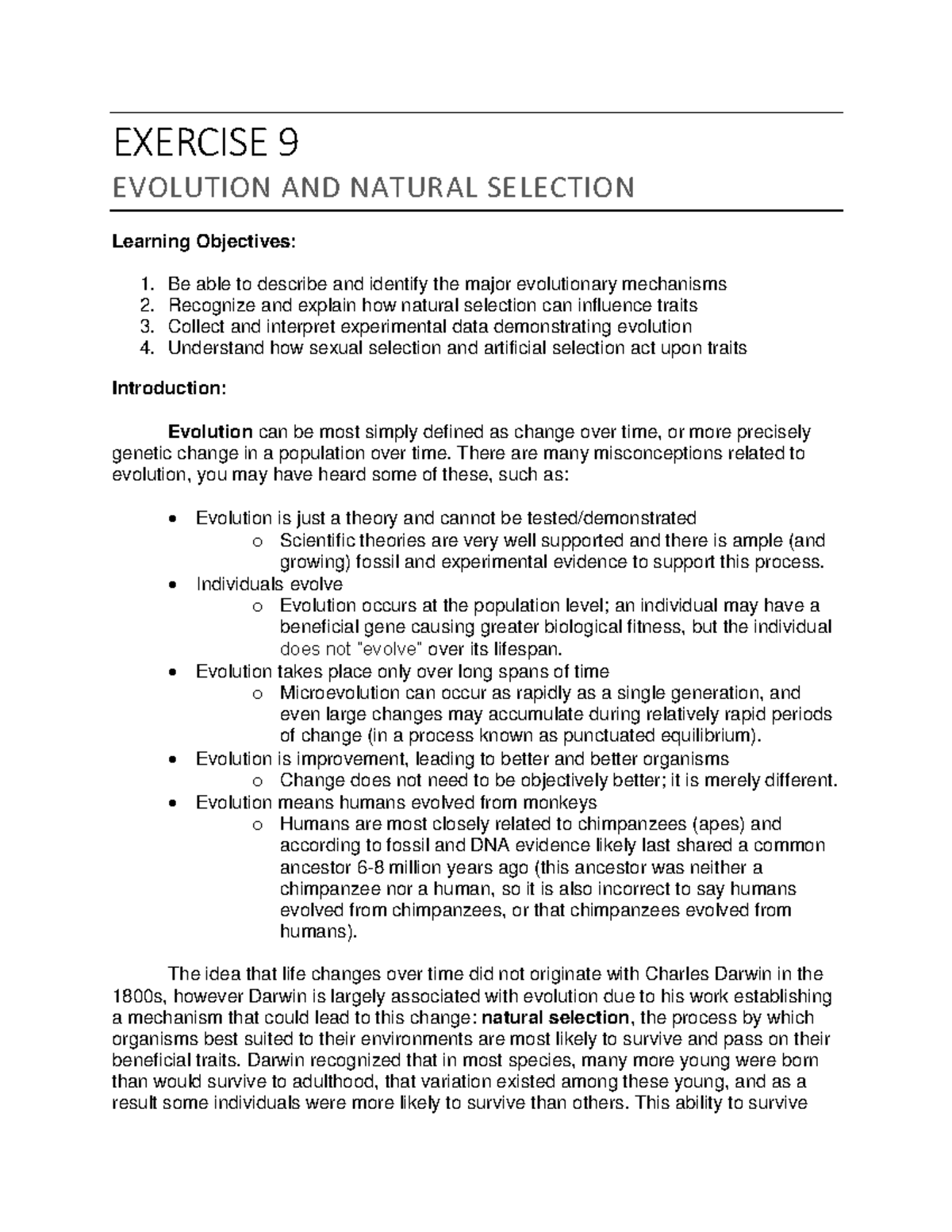 LM EX9 Evolution - lab work for biology - EXERCISE 9 EVOLUTION AND ...