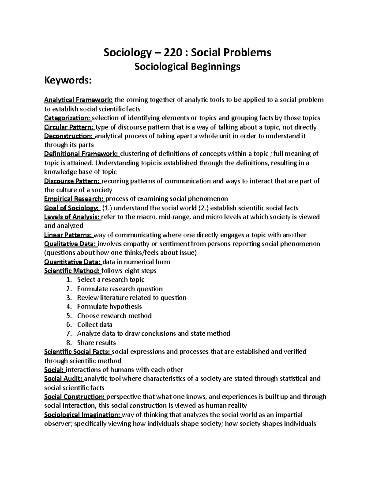 Sociology - notes - Sociology – 220 : Social Problems Sociological ...