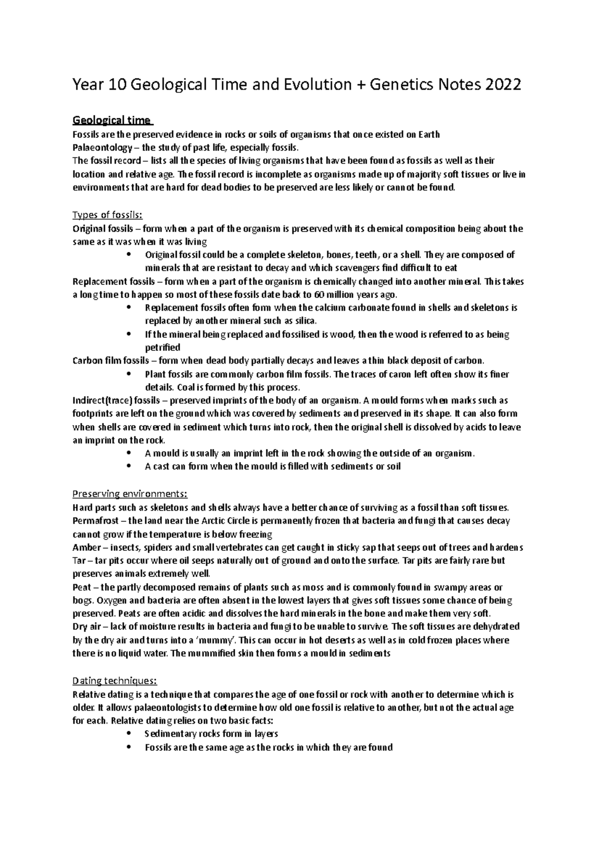 Year 10 Geological Time and Evolution + Genetics Notes 2022 - Year 10 ...