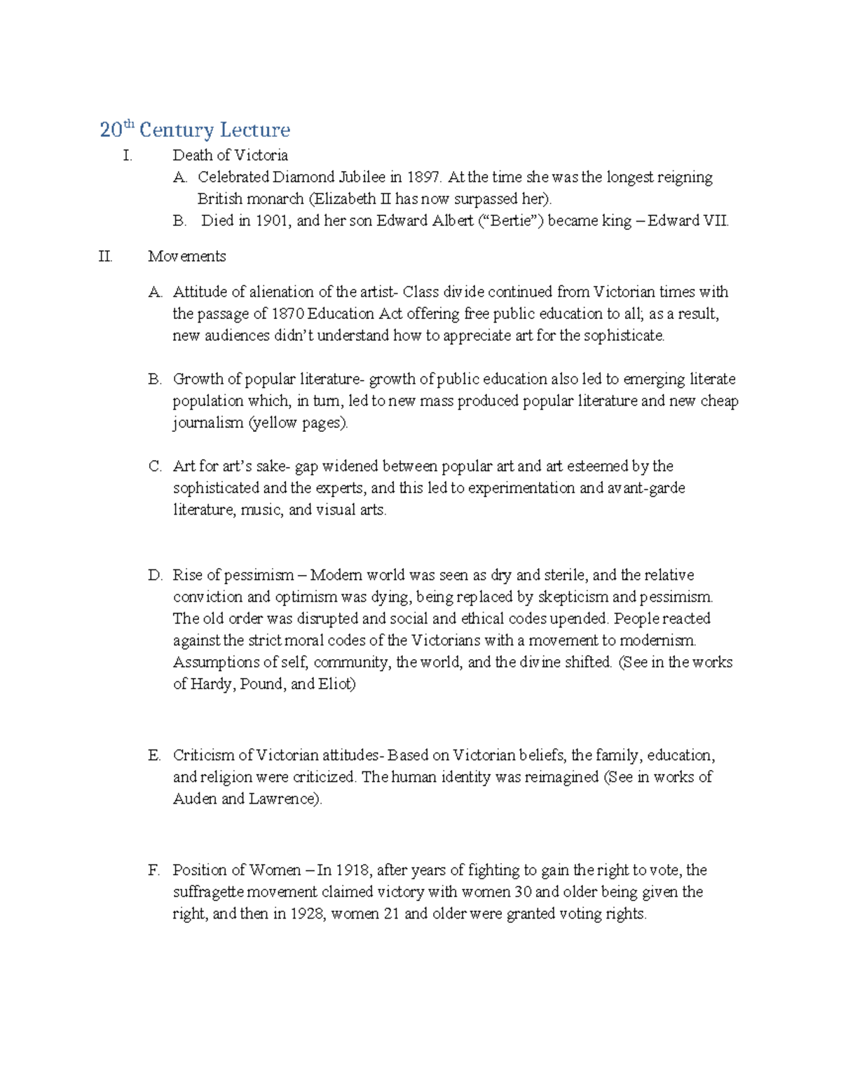 Eng. Lit. II 20th Century Notes - 20 th Century Lecture I. Death of ...