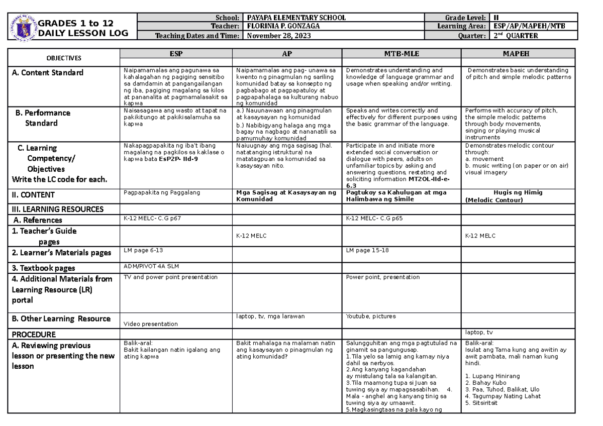 November 28 - DLL - GRADES 1 to 12 DAILY LESSON LOG School: PAYAPA ...