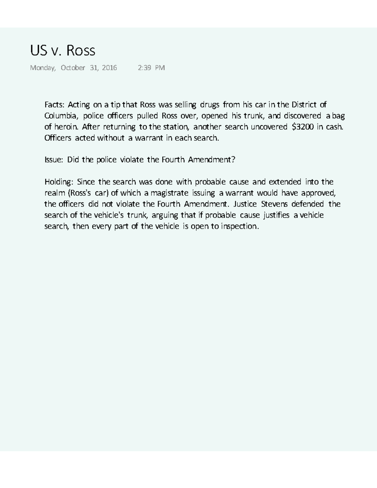 US v. Ross - Summary Criminal Procedure: Investigating Crime - Facts ...