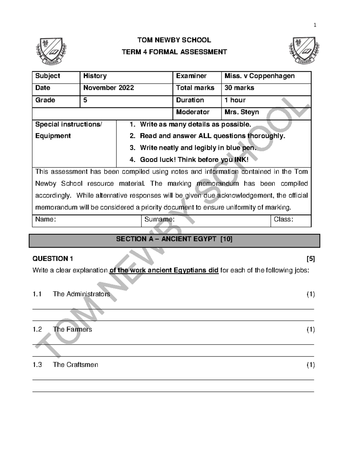 Grade 5 History Script November 2022 - TOM NEWBY SCHOOL TERM 4 FORMAL ...