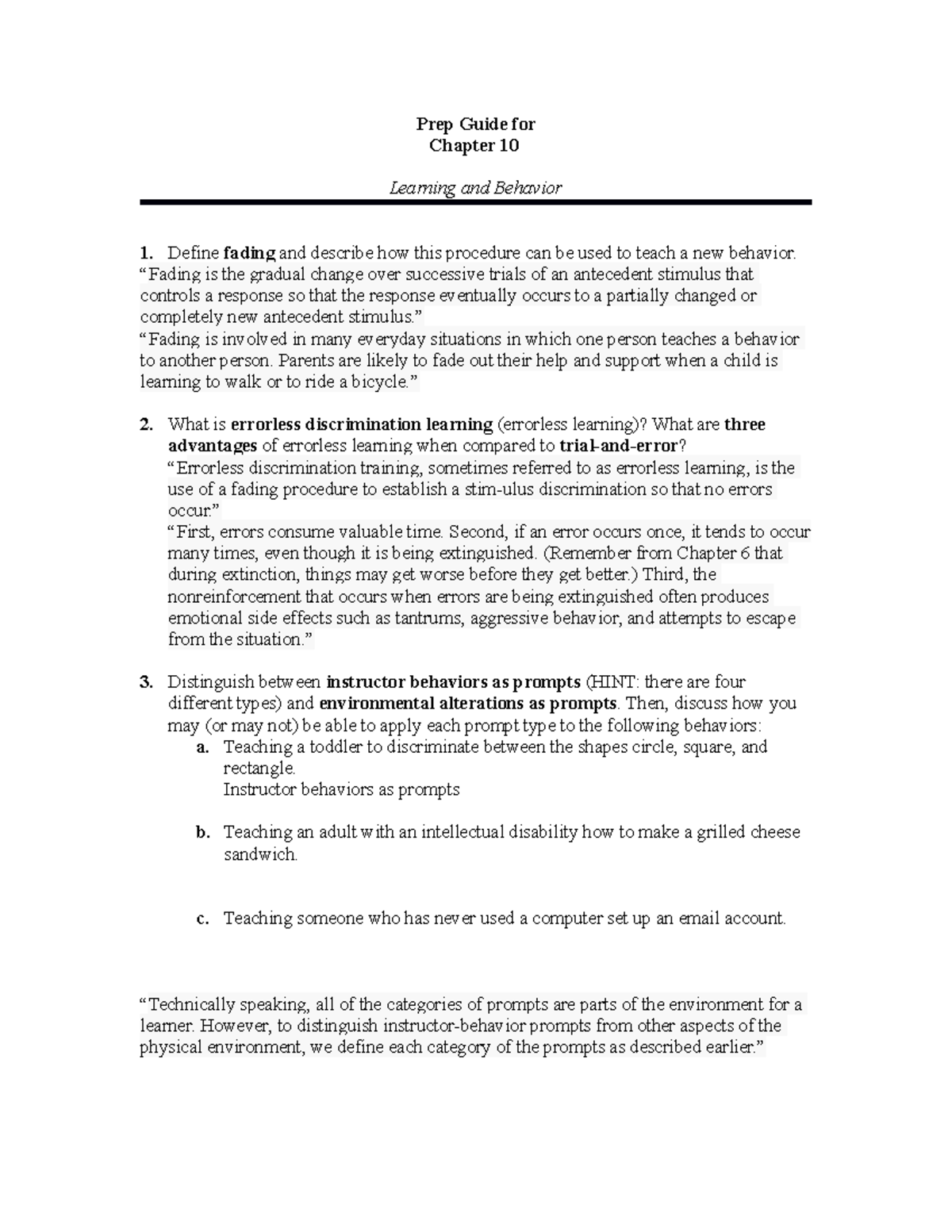 Chapter 10 Prep Guide - Prep Guide for Chapter 10 Learning and Behavior ...
