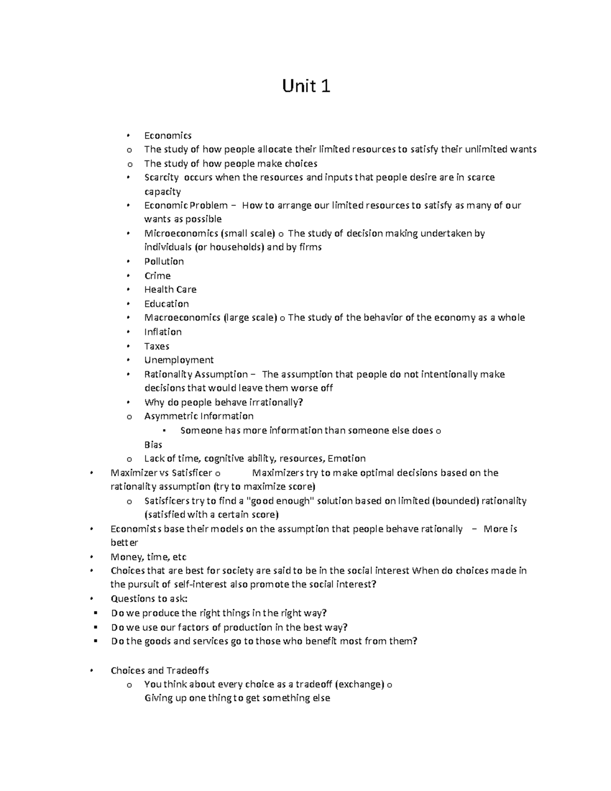 Econ Unit 1 at Indiana University - Unit 1 • Economics o The study of ...