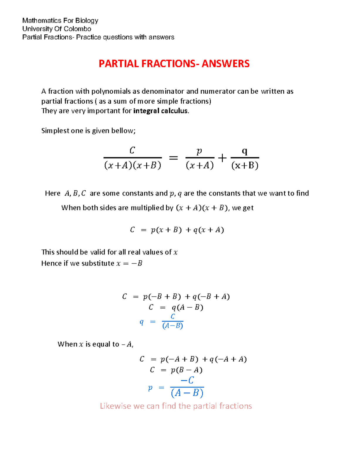 Partial Fractions - practice questions with answers - PARTIAL FRACTIONS ...
