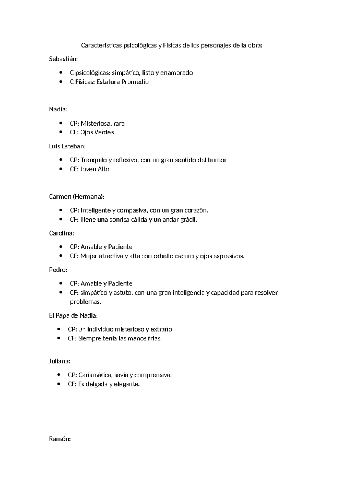 Características psicológicas y Físicas de los personajes de la obra ...