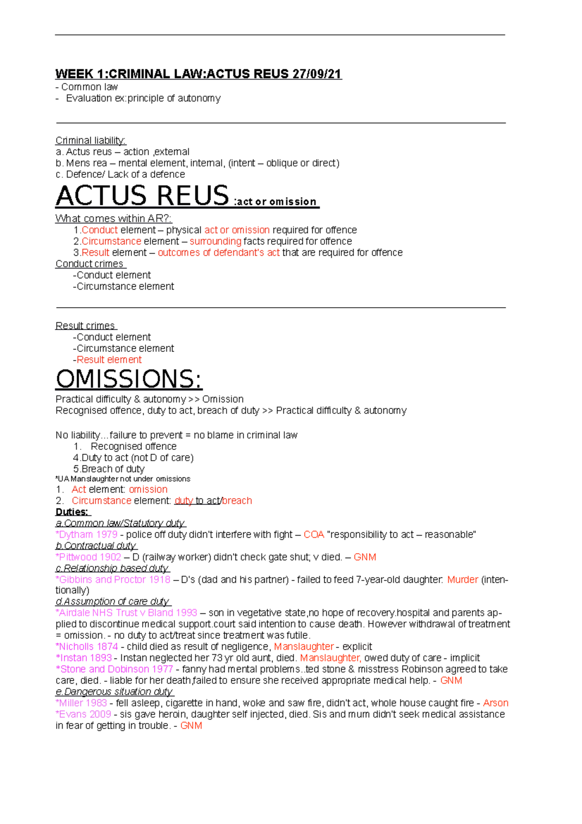 W1-L1:2Actus Reus - Actus Reus Notes - WEEK 1:CRIMINAL LAW:ACTUS REUS ...