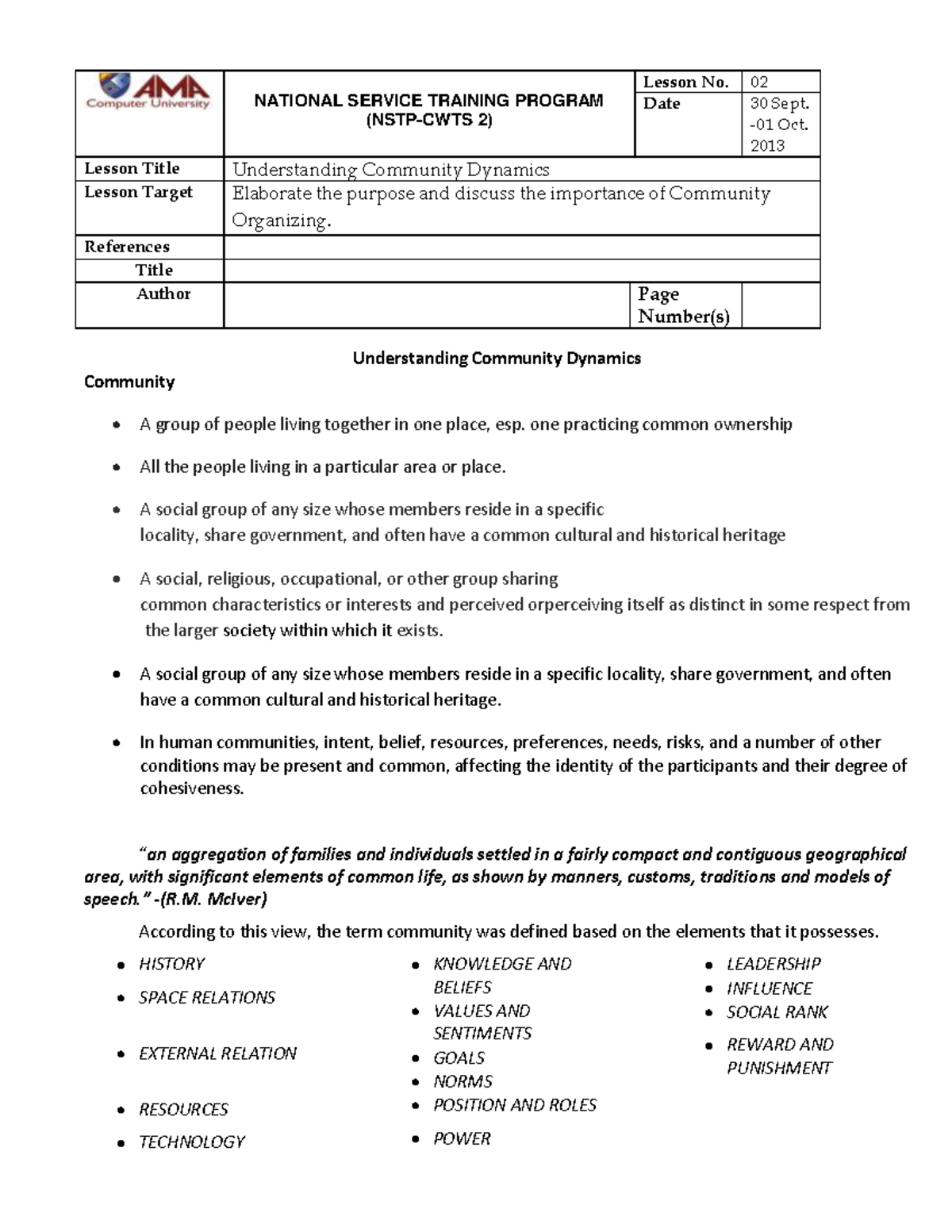 Week 2 - Understanding Community Dynamics - NATIONAL SERVICE TRAINING ...
