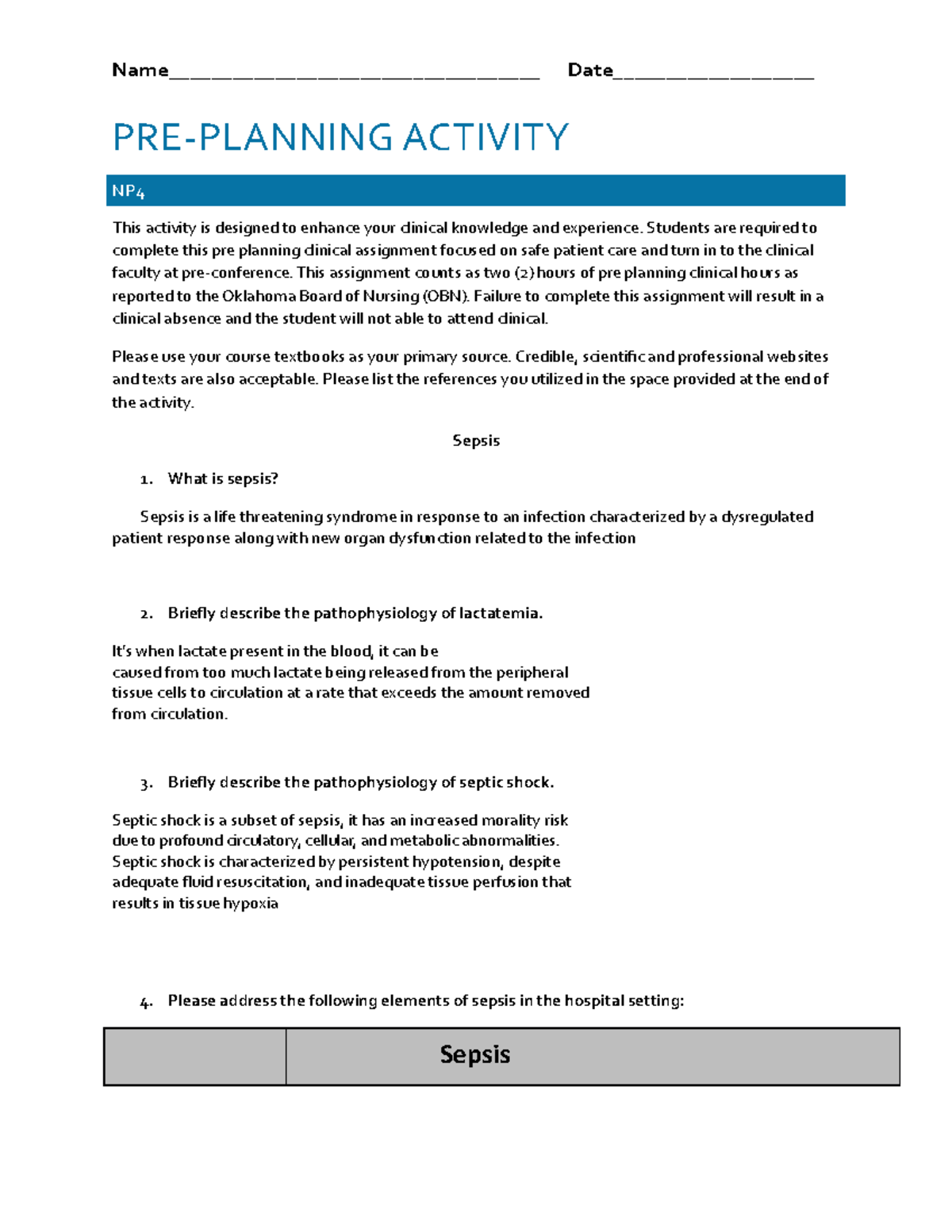#11 Pre Plan NP4 Sepsis - Pre plan before each clinical - Name