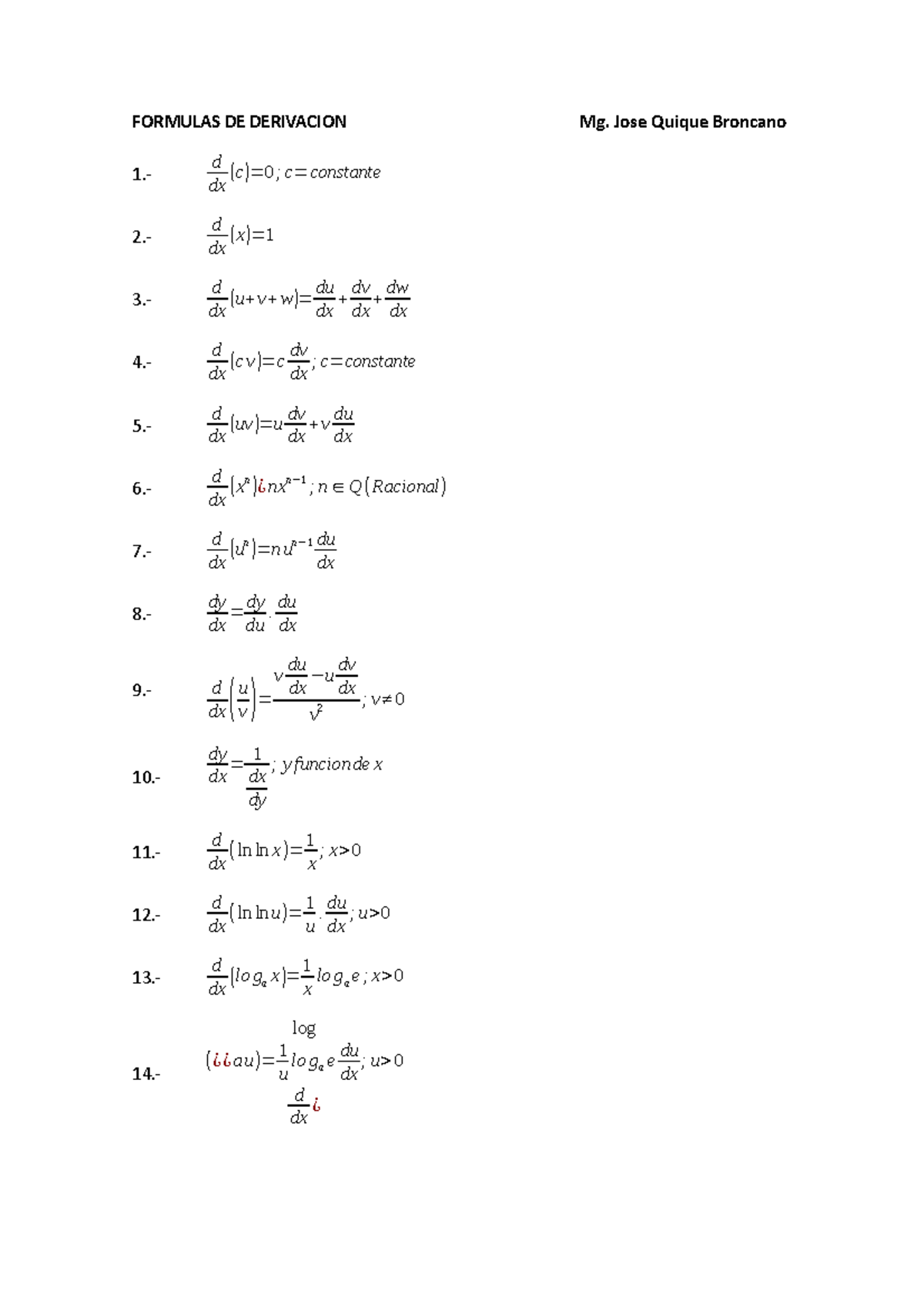 Formulas DE Derivacion - FORMULAS DE DERIVACION Mg. Jose Quique ...
