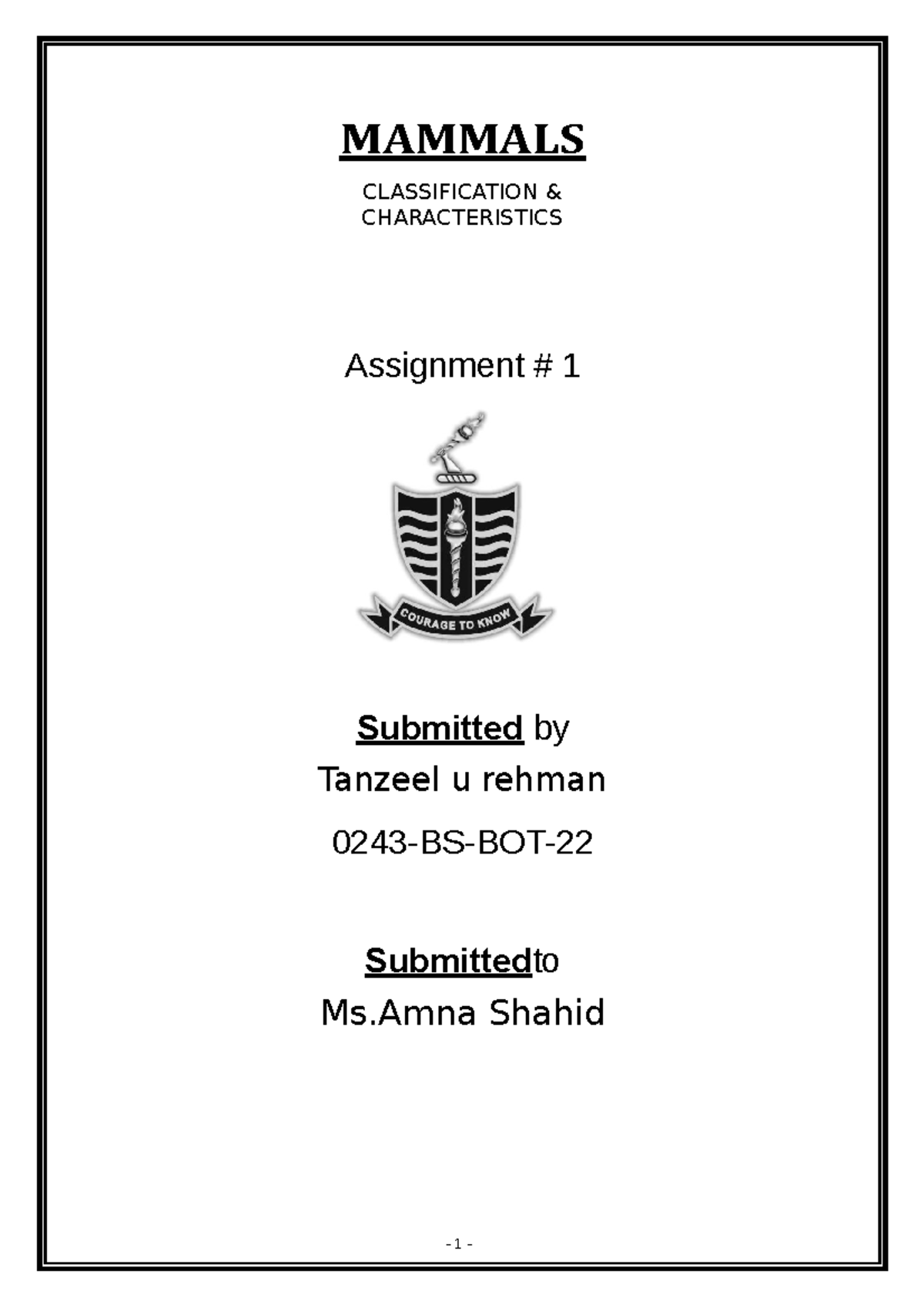 Mammals classification - 1 - MAMMALS CLASSIFICATION & CHARACTERISTICS ...