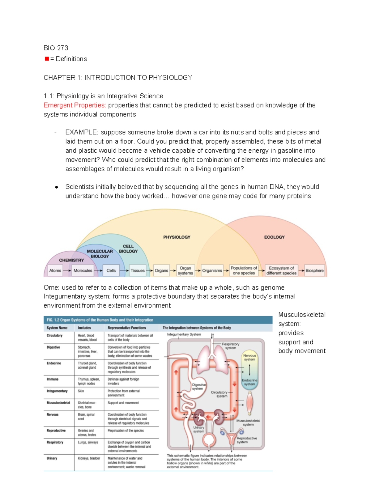 BIO 273 CH 1 - 8 - Bio 273 ch. 1-8 notes - BIO 273 = Definitions ...