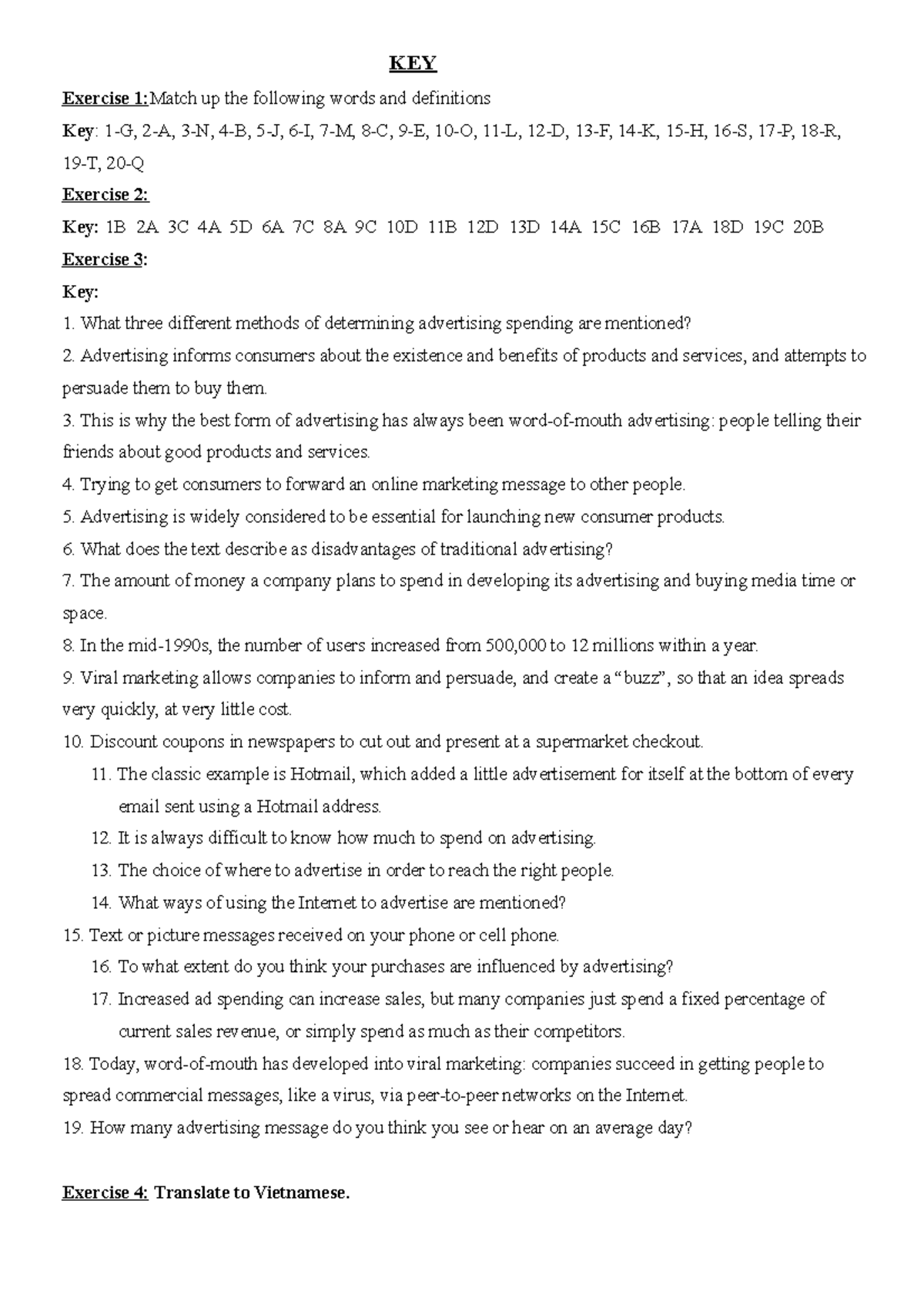 2. key - Group test 2 - key answer - 1 KEY Exercise 1:Match up the ...