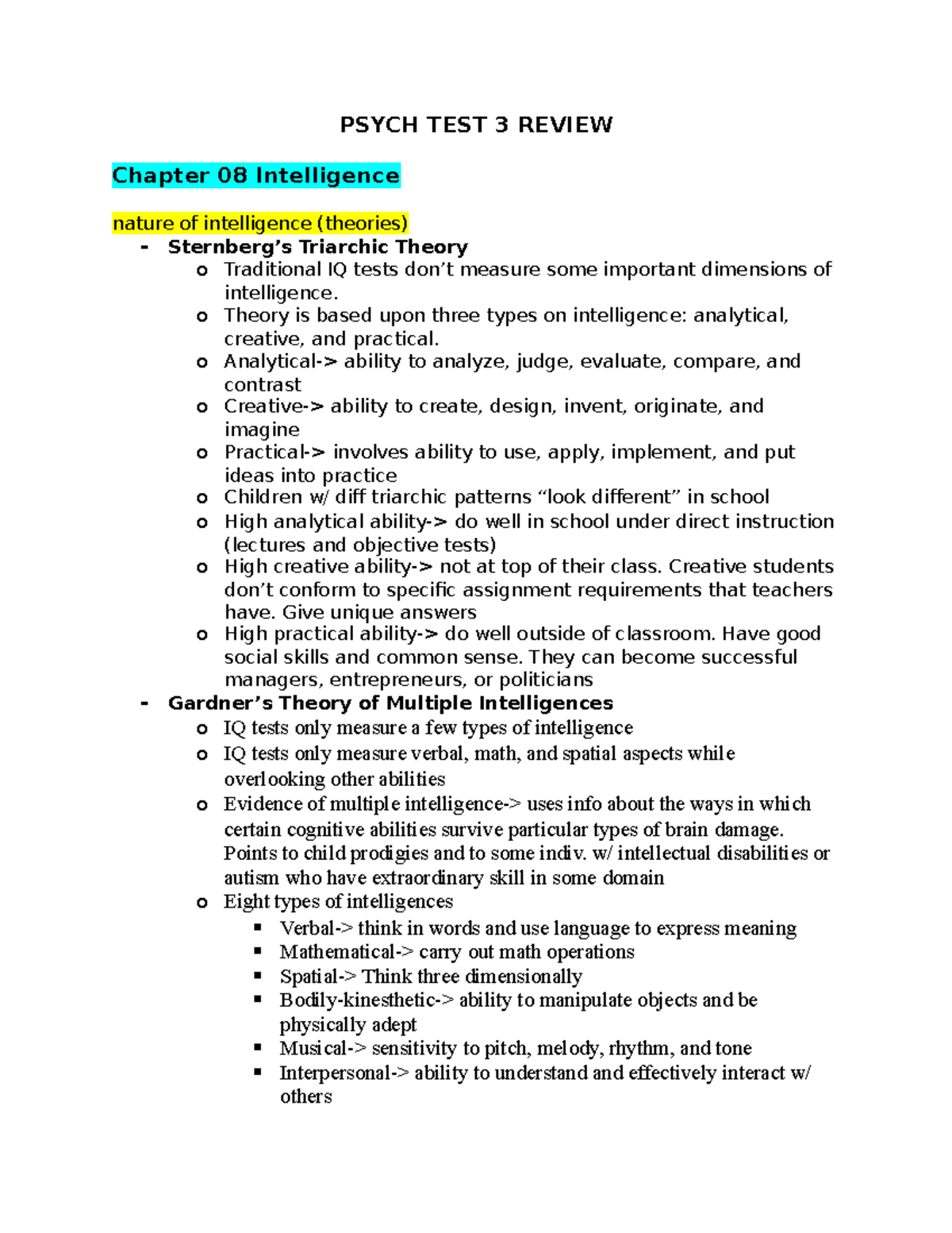 Psych TEST 3 Review - PSYCH TEST 3 REVIEW Chapter 08 Intelligence ...