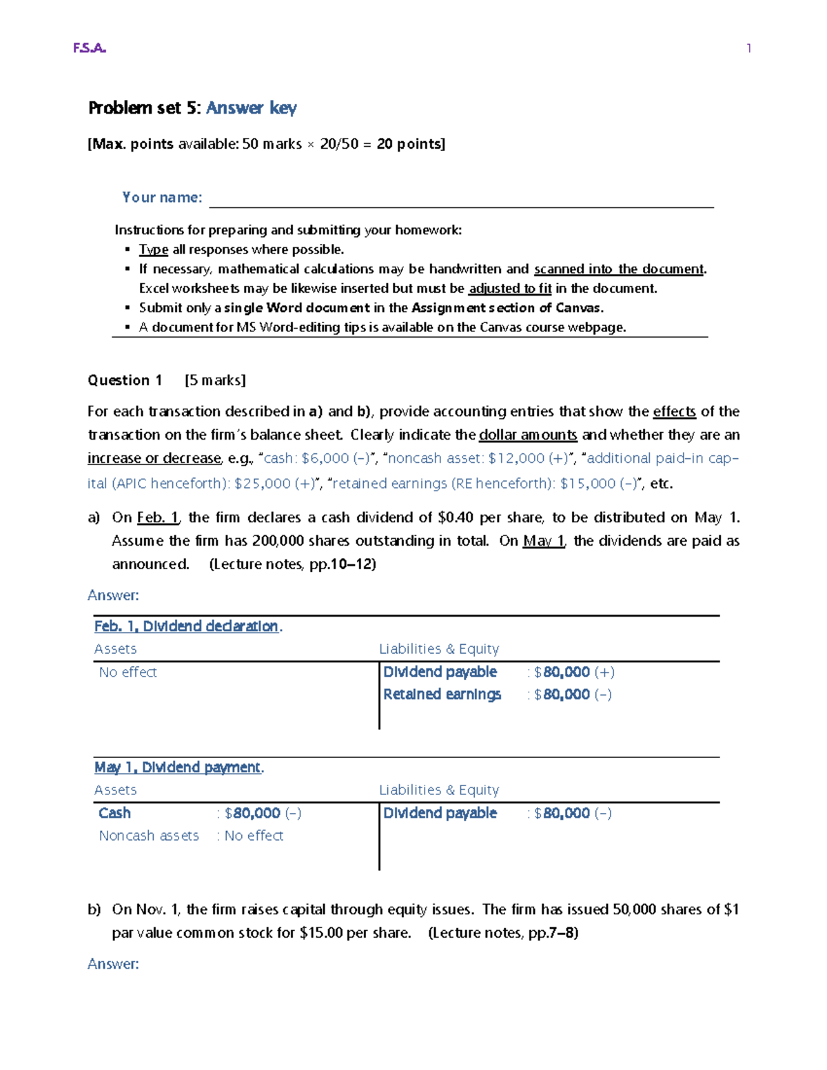 Fsa PS key 5 - Problem Set Key 5 - Problem set 5 : Answer key [Max. points available: 50 marks × ...
