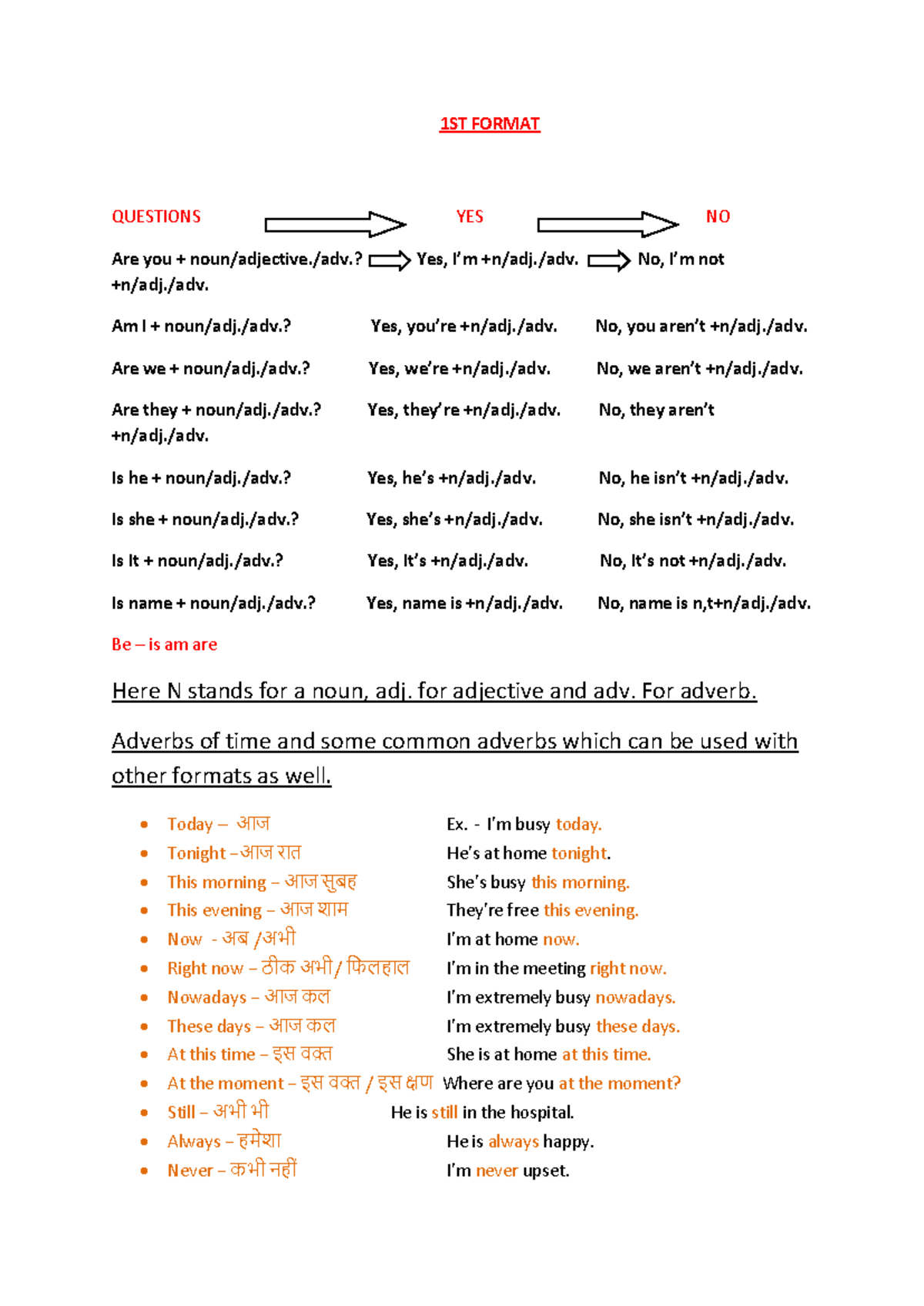 1ST Format-1 english asl - 1ST FORMAT QUESTIONS YES NO Are you + noun ...