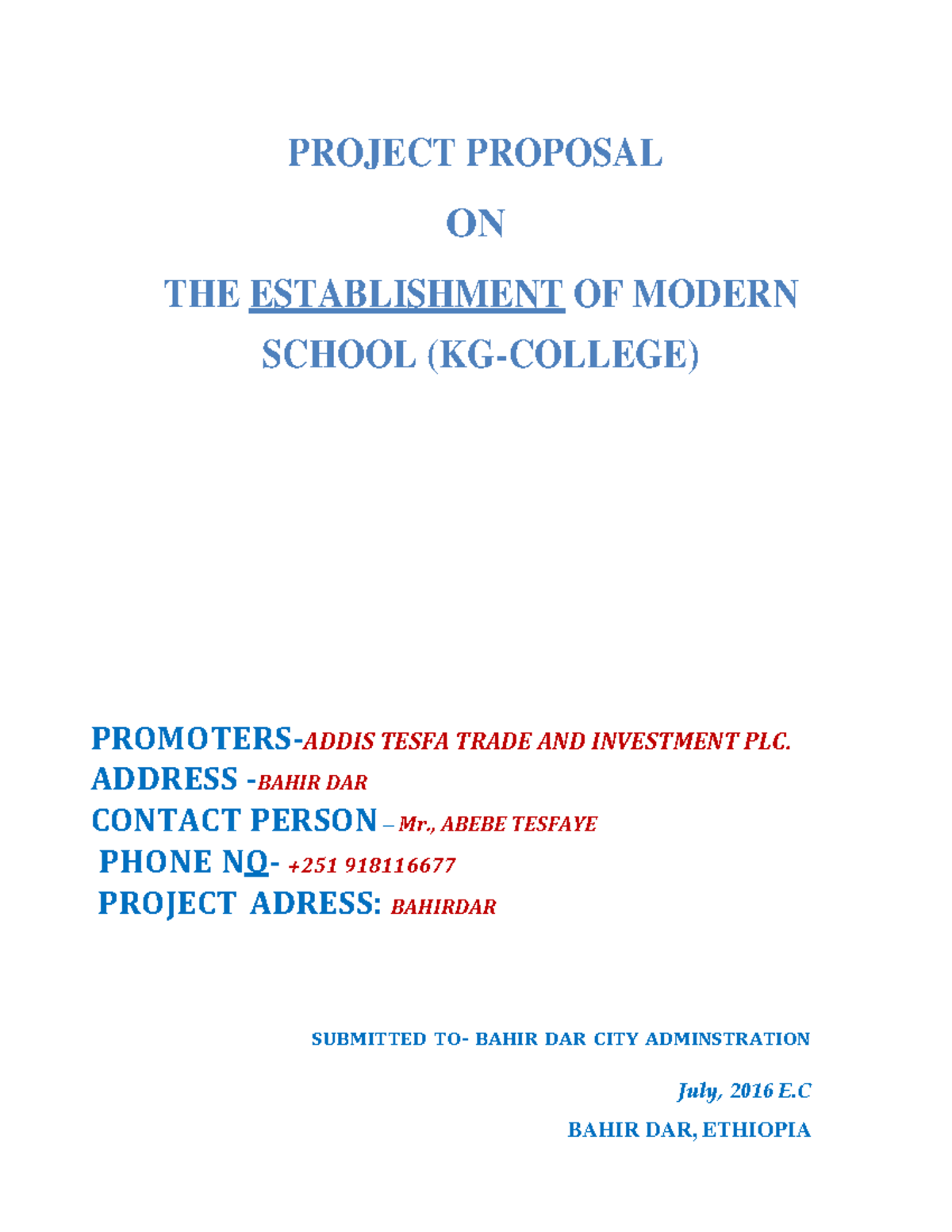 Addis tesfa - Mixed use tower - PROJECT PROPOSAL ON THE ESTABLISHMENT ...