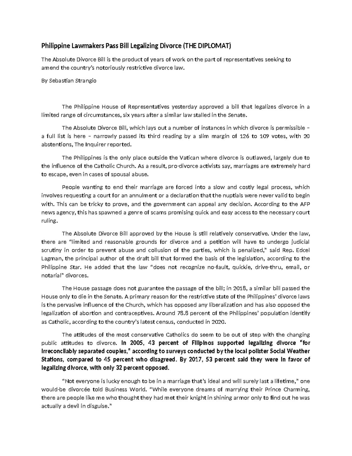 Philippine Lawmakers Pass Bill Legalizing Divorce - By Sebastian ...