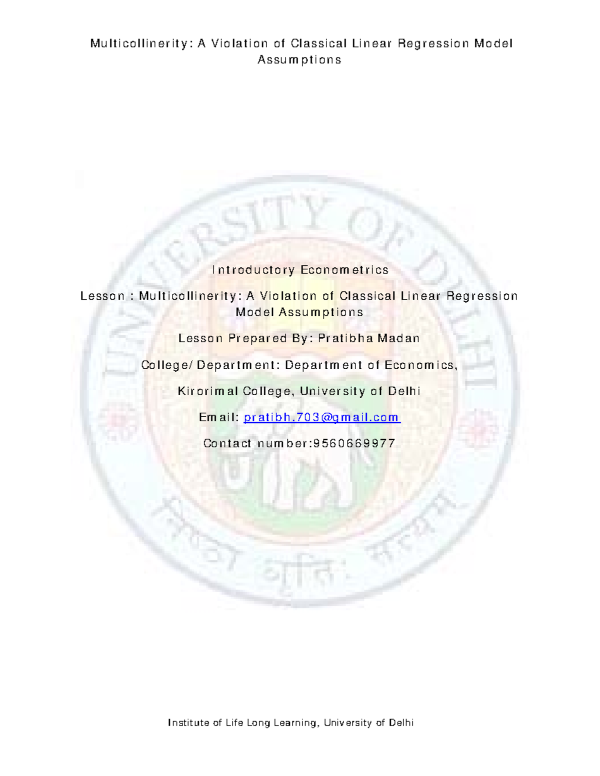 Multicollinerity A Violation of Classical Linear Regression Model ...