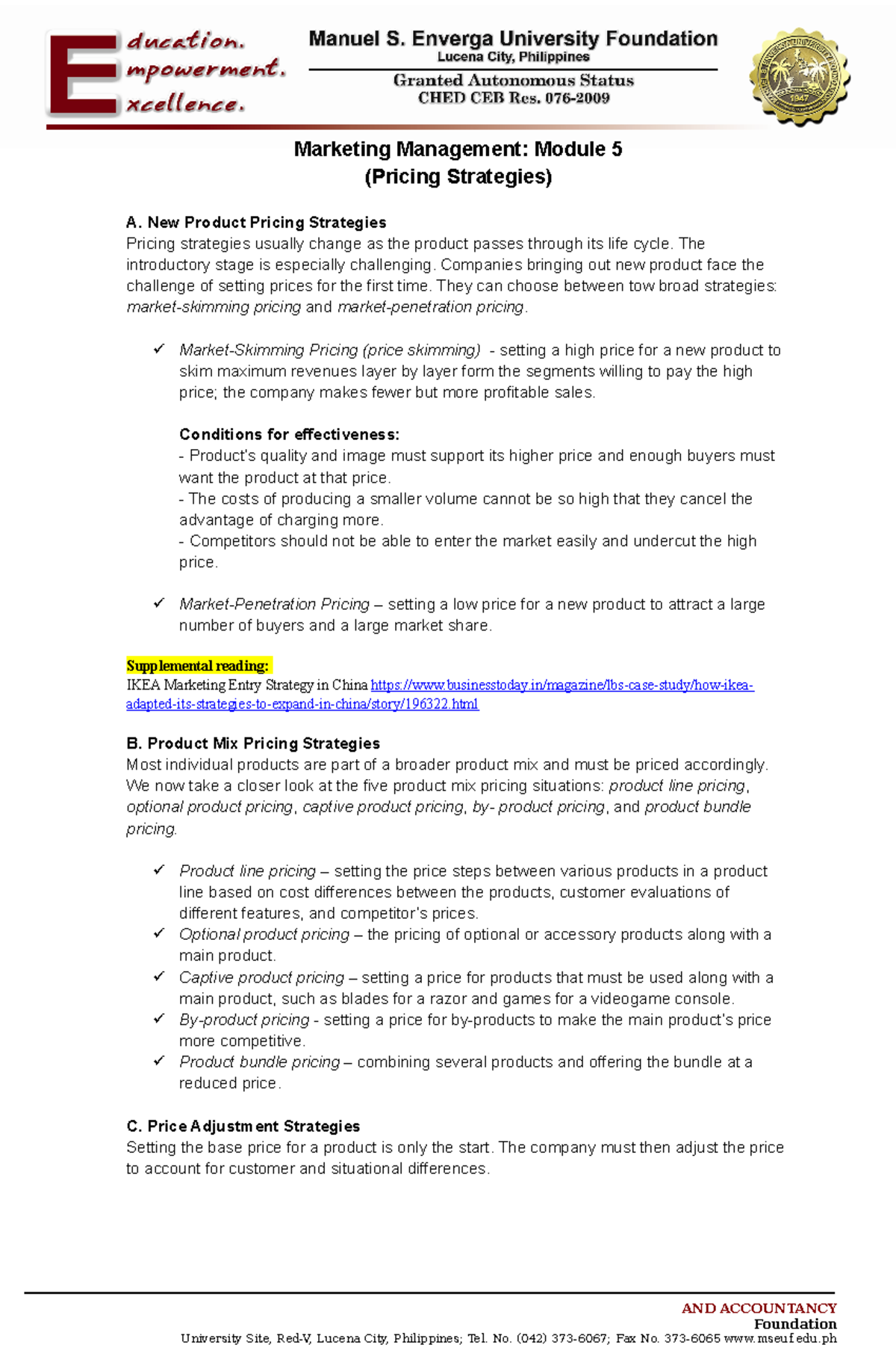 Marketing Management Module 5 - AND ACCOUNTANCY Foundation University ...