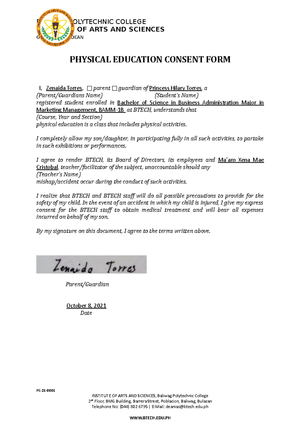 Parent- Consent - Unlock - BALIWAG POLYTECHNIC COLLEGE INSTITUTE OF ...